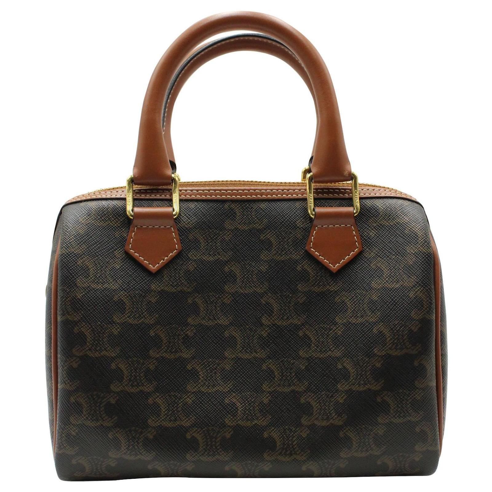 Céline Celine Small Boston Bag in Brown Triomphe Canvas and Calfskin ...