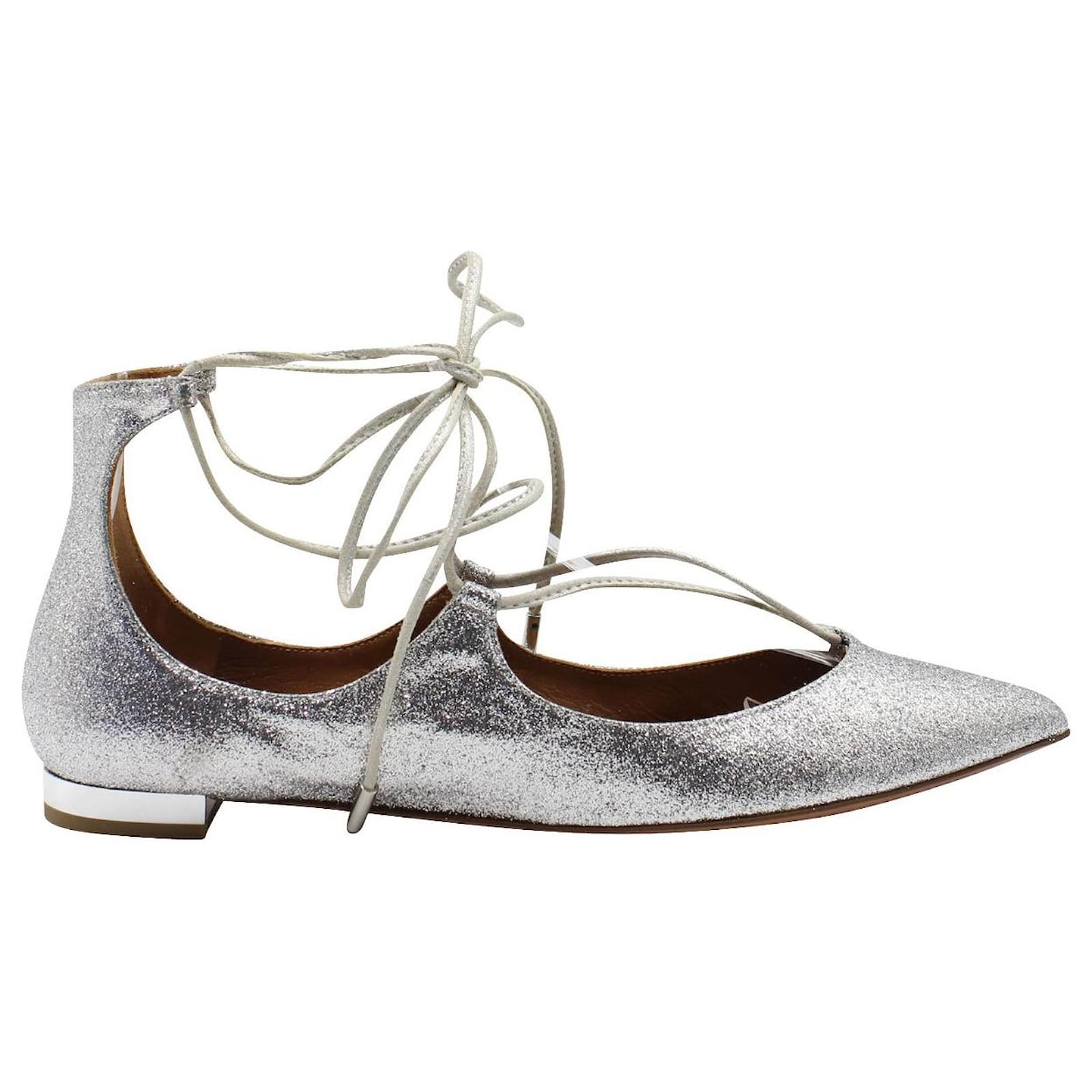 Aquazzura Glittered Christy Lace-up Pointed-Toe Flats in Silver Leather ...