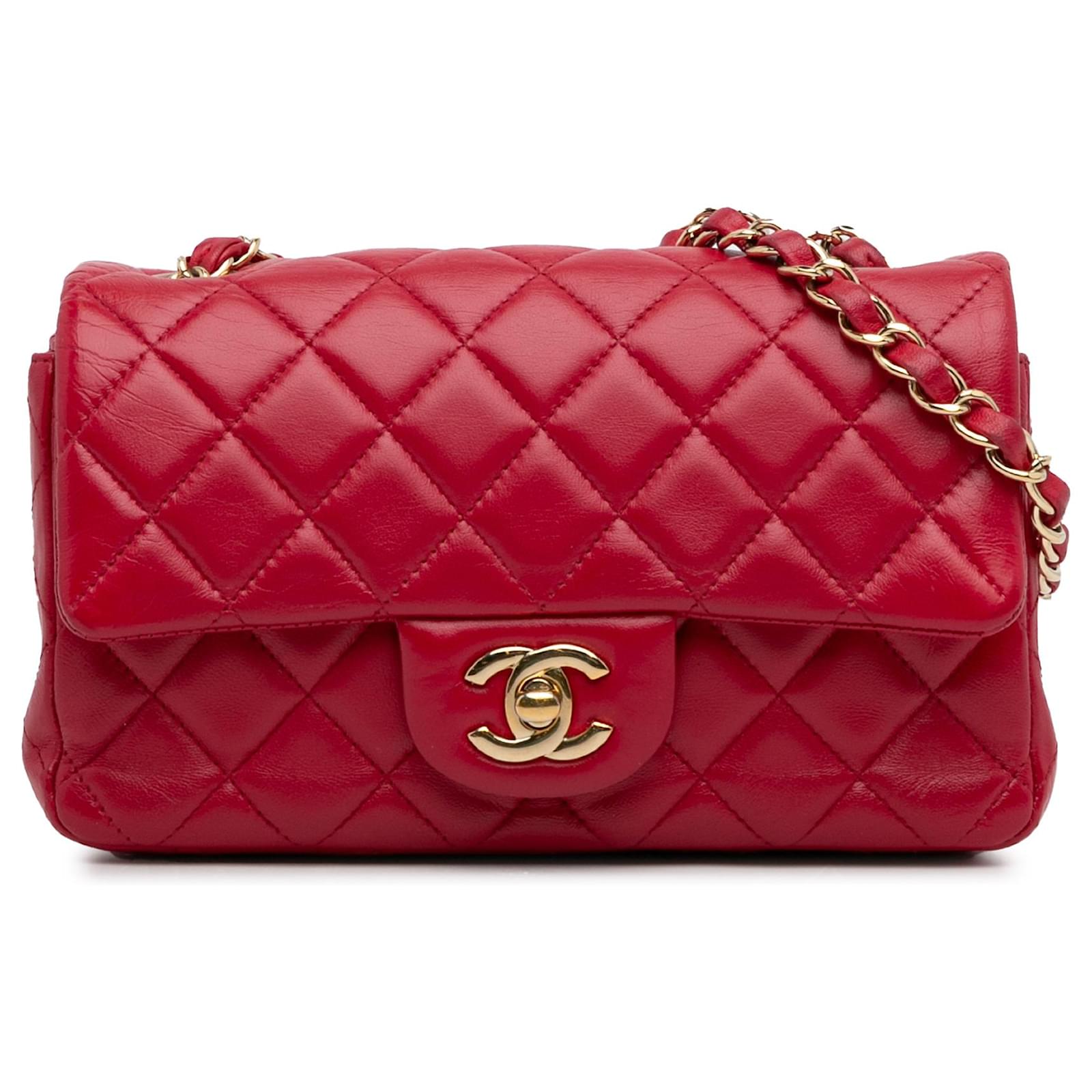 Chanel Red Mini Classic Lambskin Rectangular Single Flap Leather ref ...
