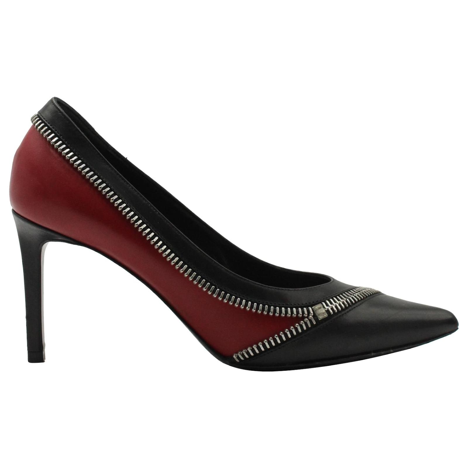 Saint Laurent Two Tone Zipper Detail Pumps in Red Leather Black ref ...