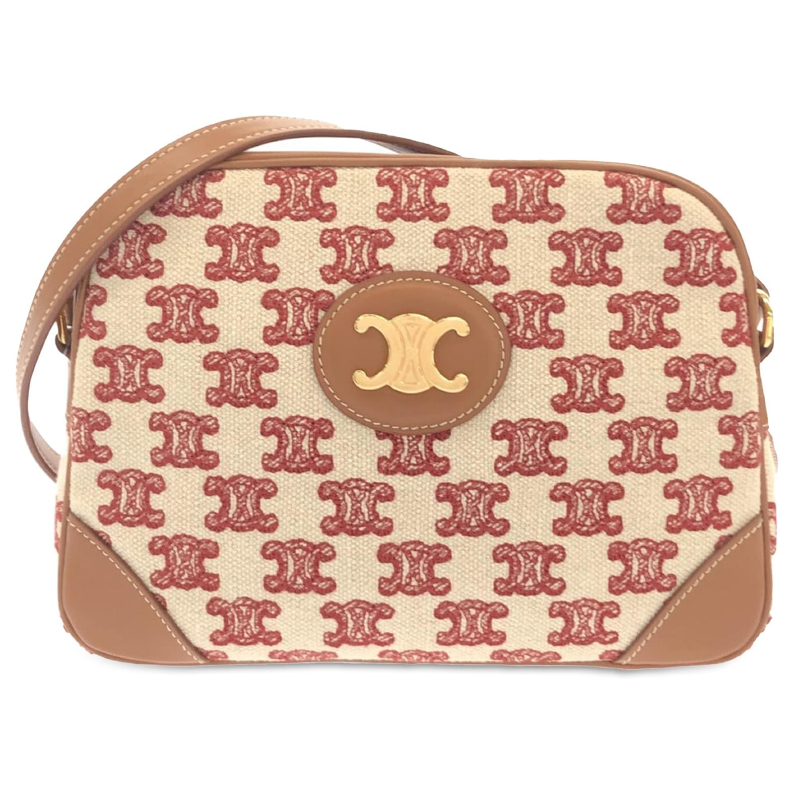Céline Celine Red Triomphe Canvas Camera Bag Pony-style calfskin Cloth ...