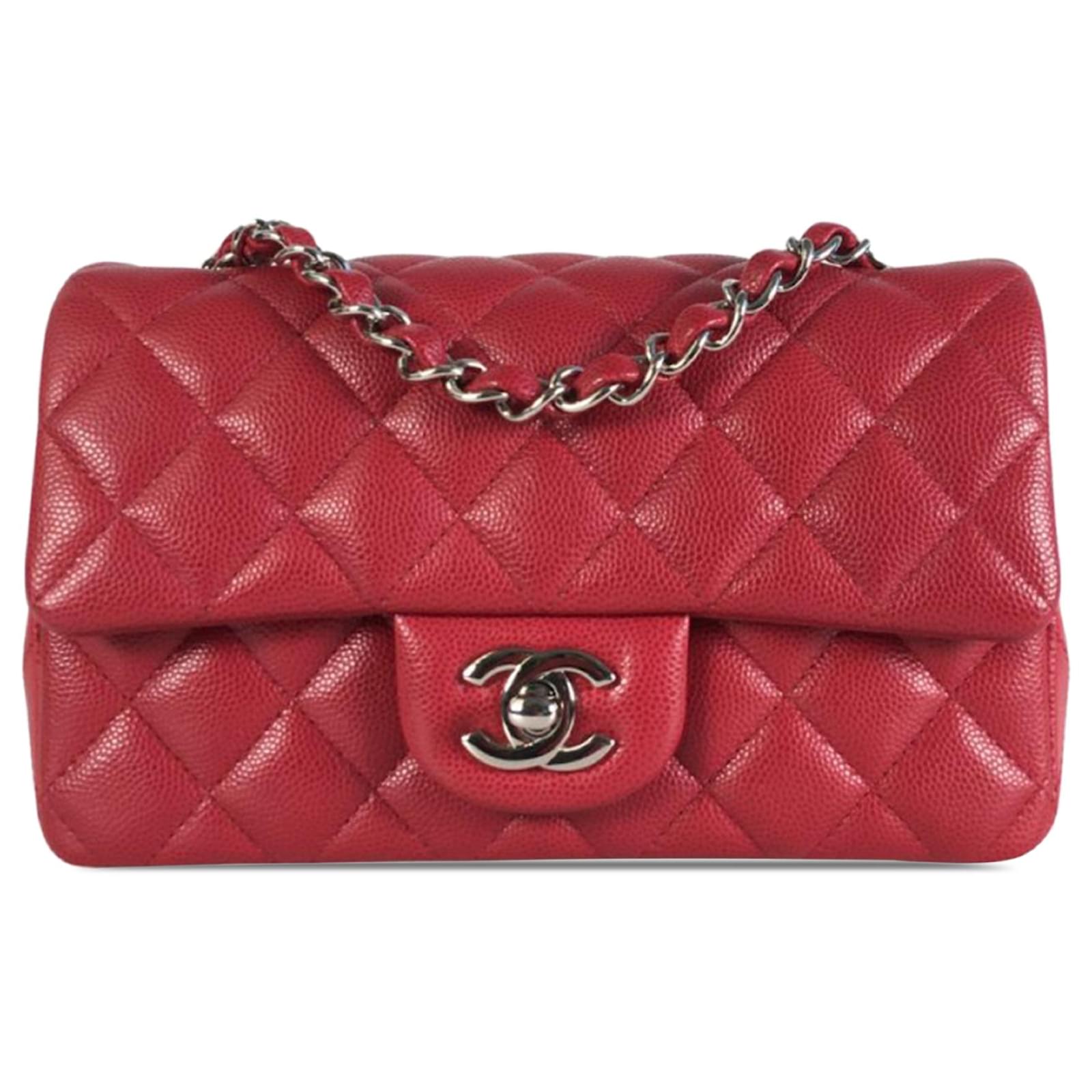 Chanel Red Mini Classic Caviar Rectangular Single Flap Leather ref ...