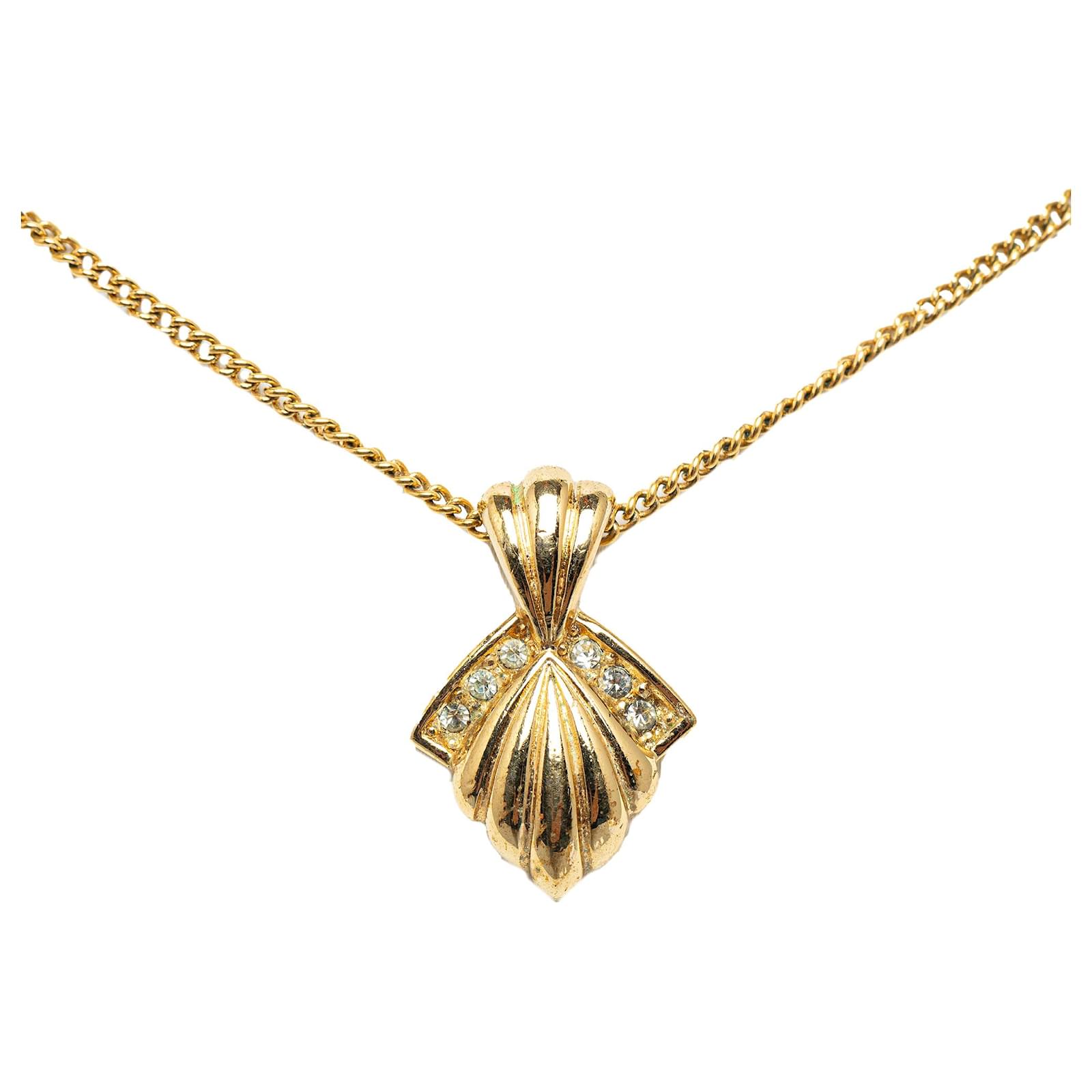 Dior Gold Shell Rhinestone Pendant Necklace Golden Metal Gold-plated ...