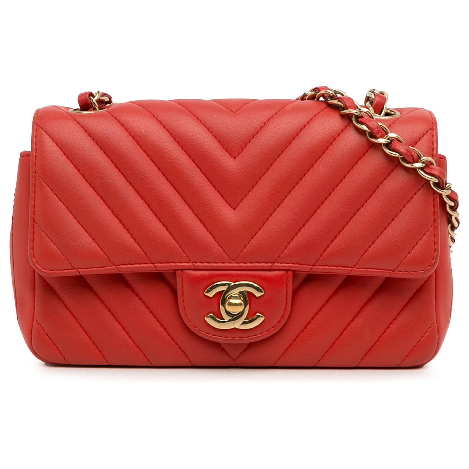 Chanel Red Mini Chevron Quilted Lambskin Rectangular Flap Bag Leather ...