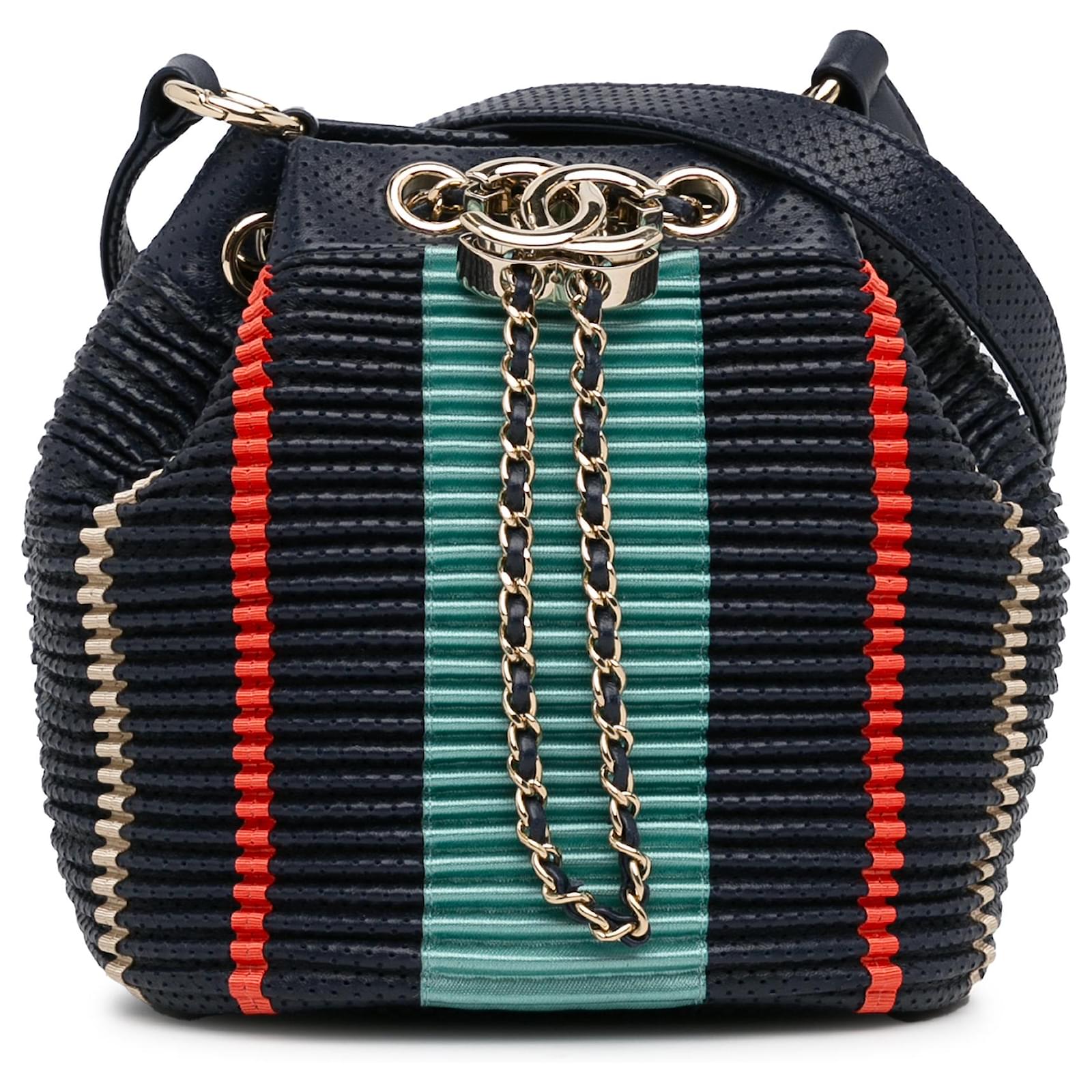 Chanel Blue CC Perforated and Pleated Calfskin Bucket Dark blue Leather ...