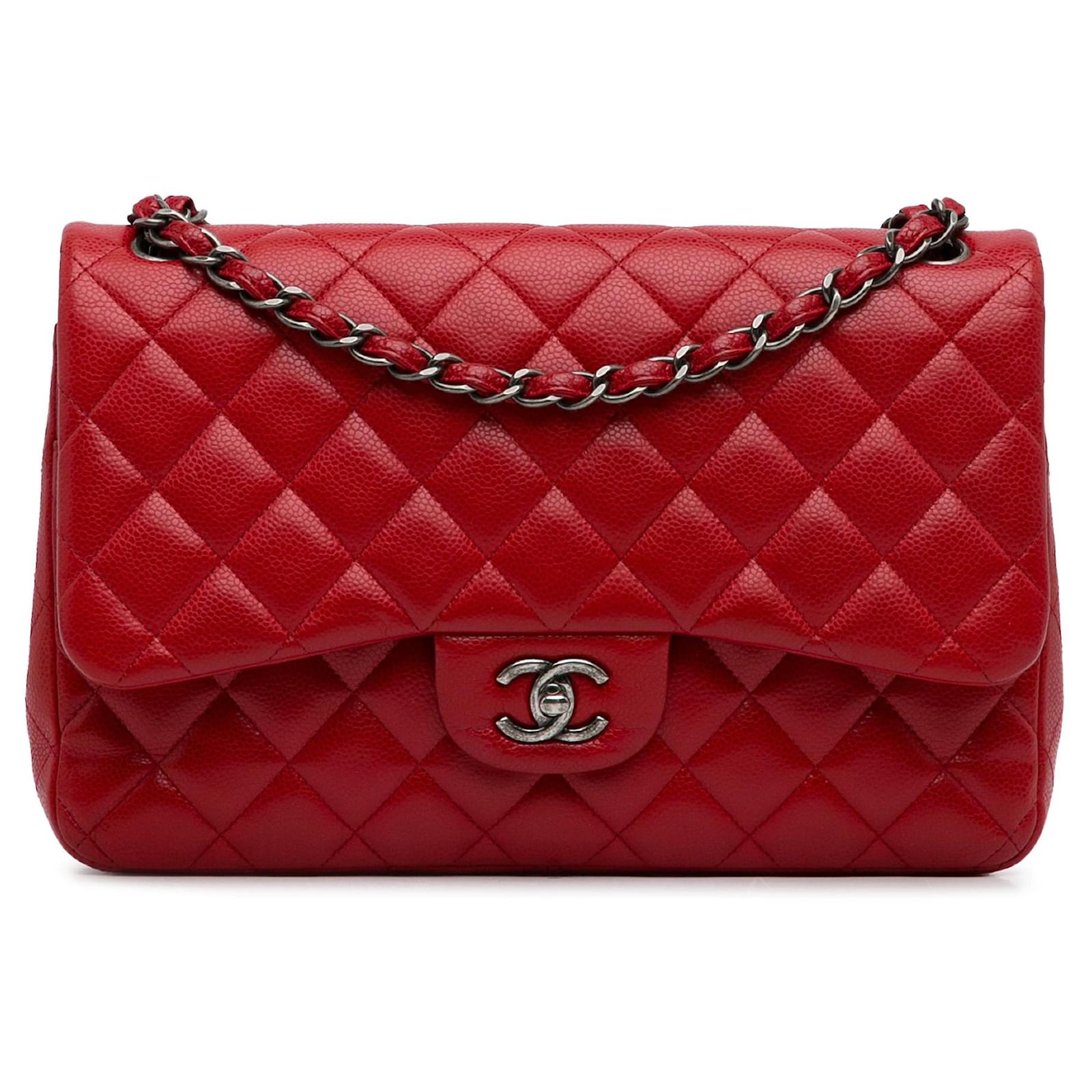 Red Chanel Jumbo Classic Caviar Double Flap Shoulder Bag Leather ref ...