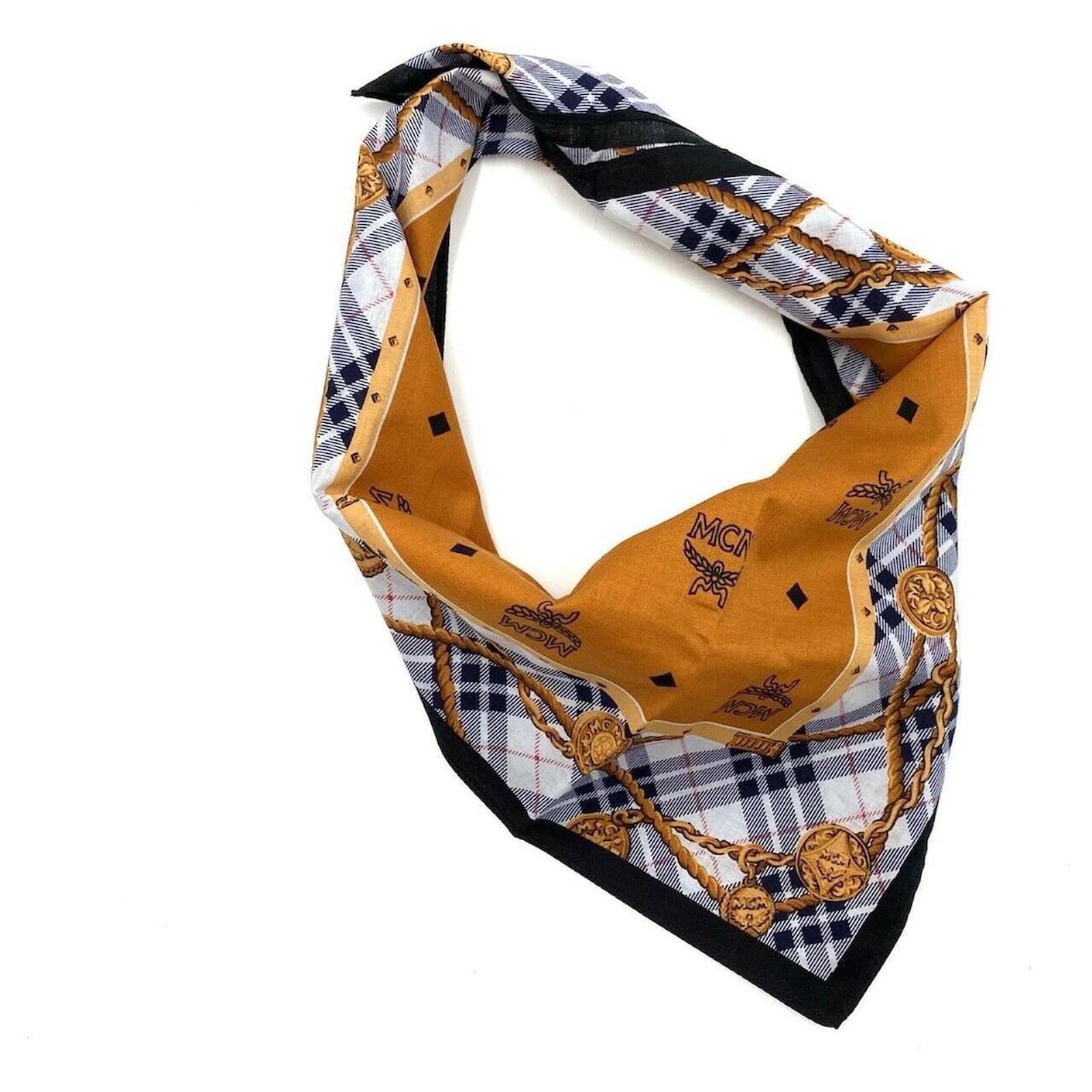 MCM Bandana Scarf Women Cotton Cognac Navy Blue Black Gold Logo Print ...
