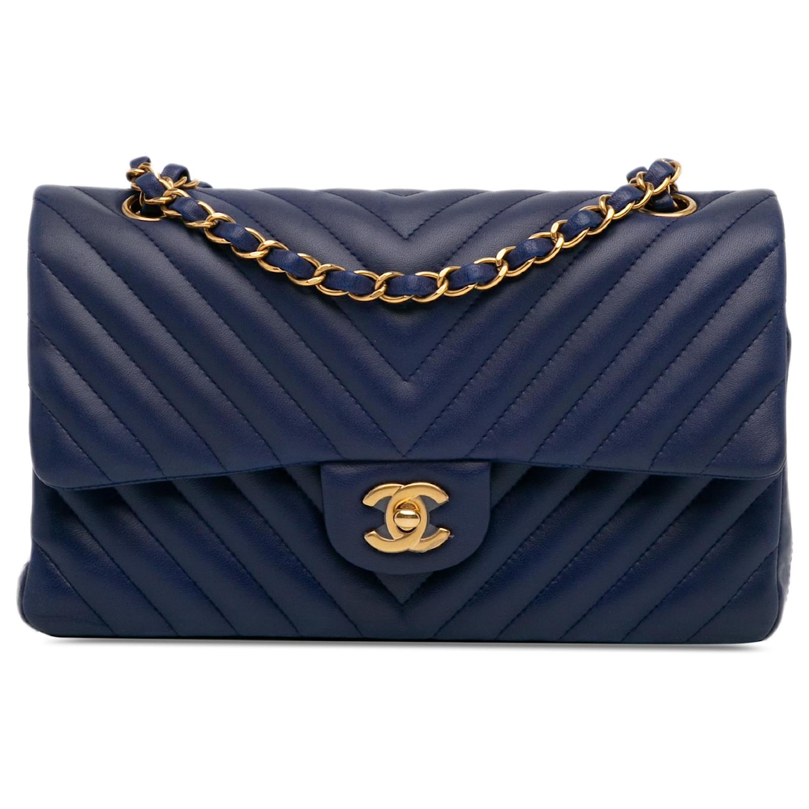 Chanel Blue Medium Classic Chevron Lambskin Double Flap Leather ref ...