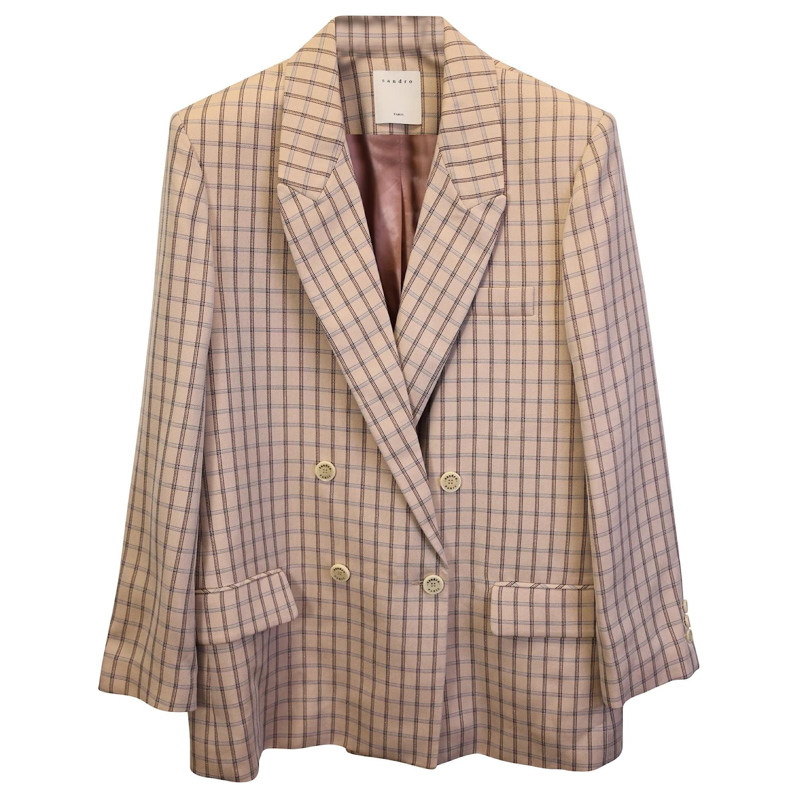 Sandro Paris Danube Double-Breasted Checked Blazer in Beige Wool ref ...