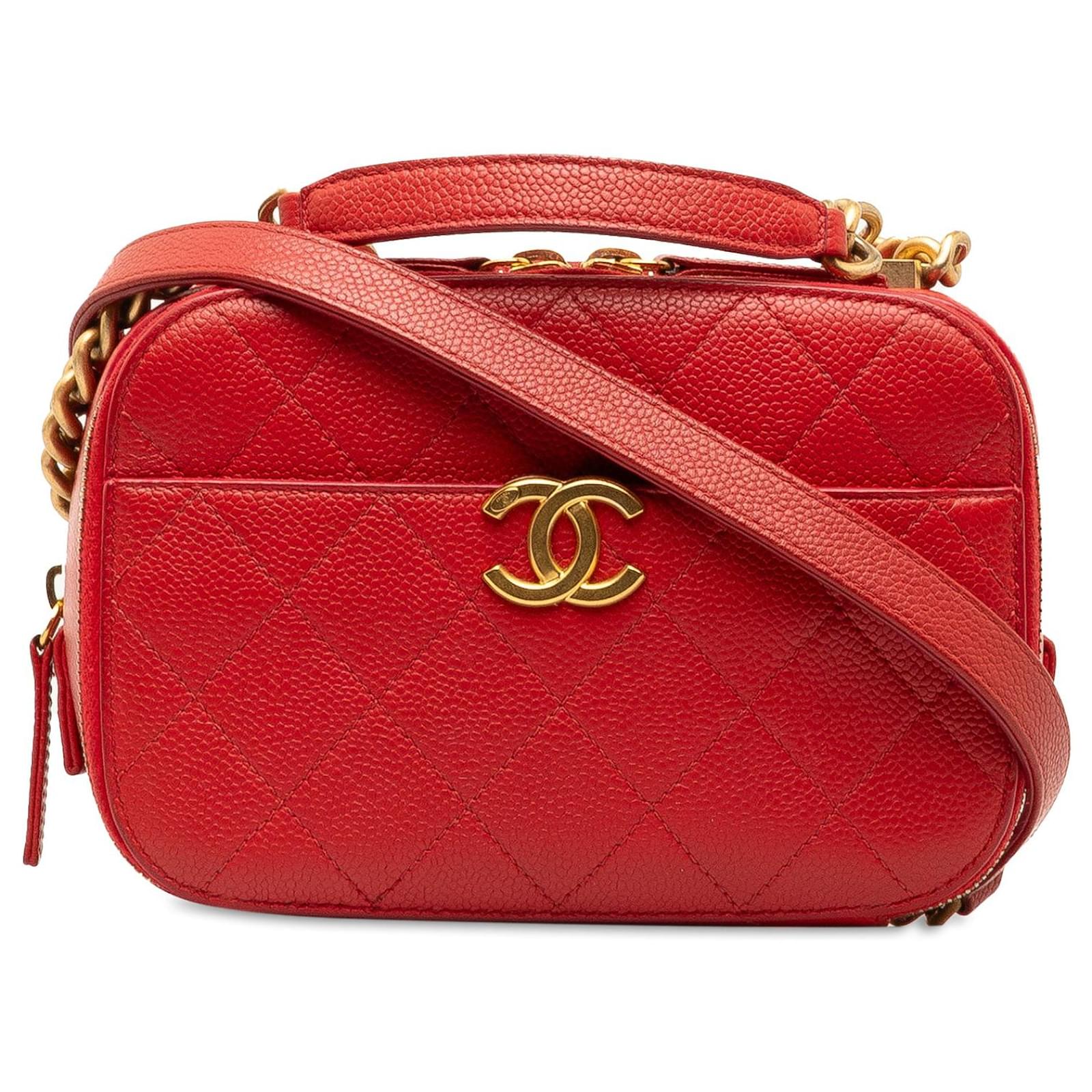 Red Chanel Small Quilted Caviar Top Handle Camera Bag Satchel Leather ...