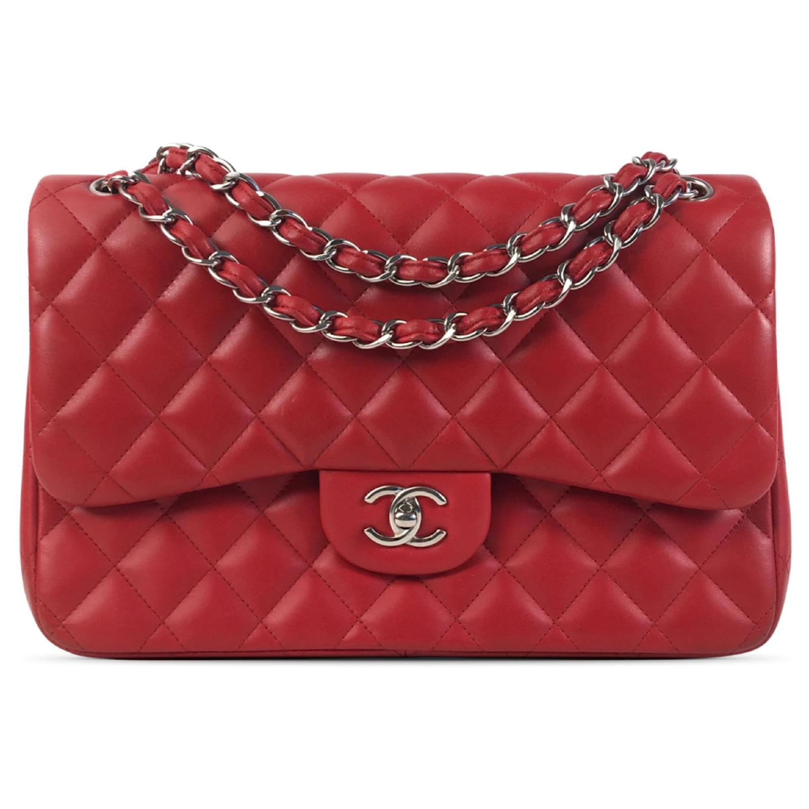 Red Chanel Jumbo Classic Lambskin Double Flap Shoulder Bag Leather ref ...