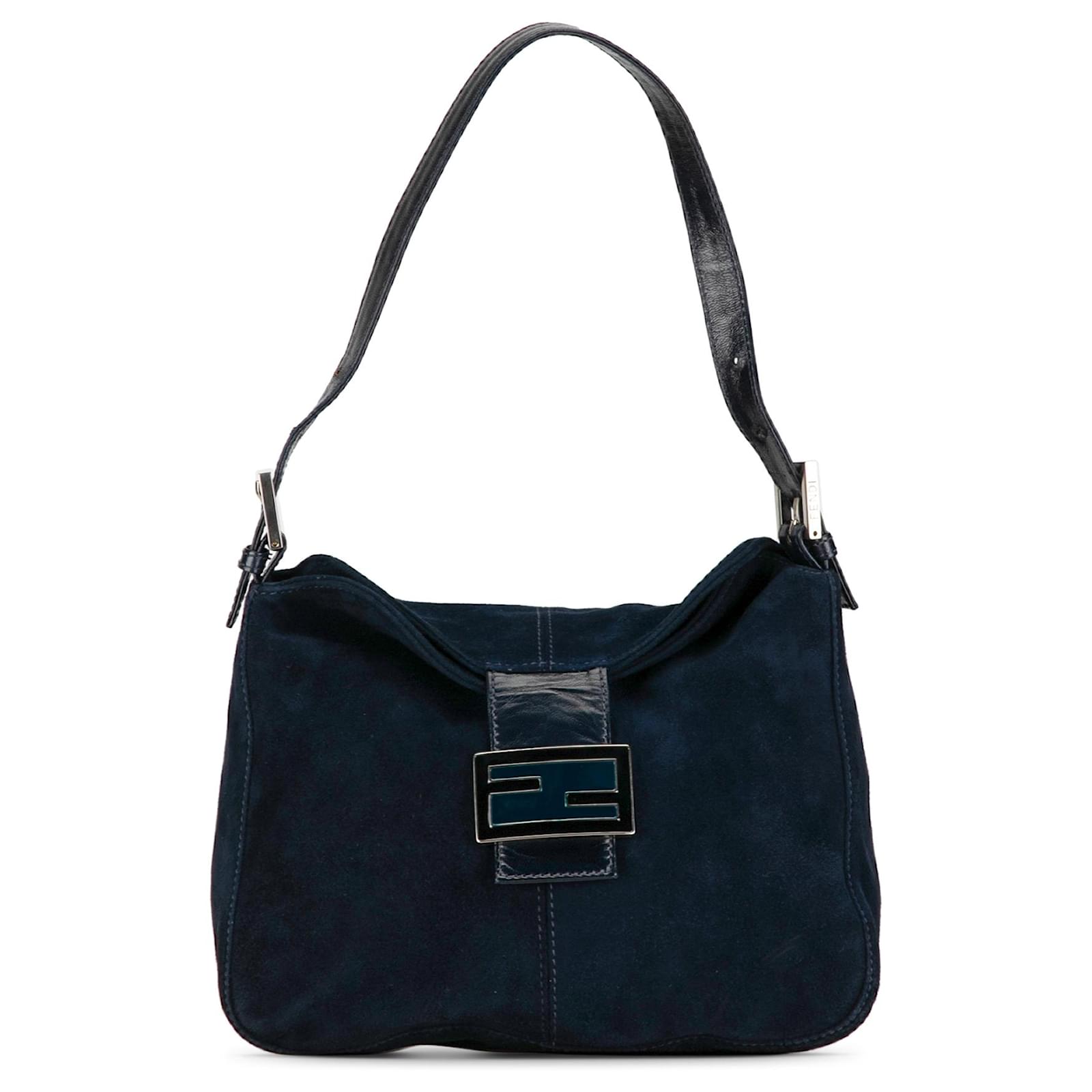 Fendi Blue Suede Double Flap Shoulder Bag Navy blue Leather Pony-style ...