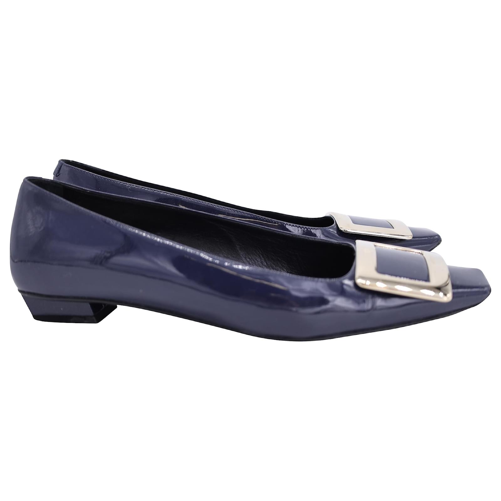 Roger Vivier Belle Vivier Metal Buckle Ballerinas in Navy Blue Patent ...