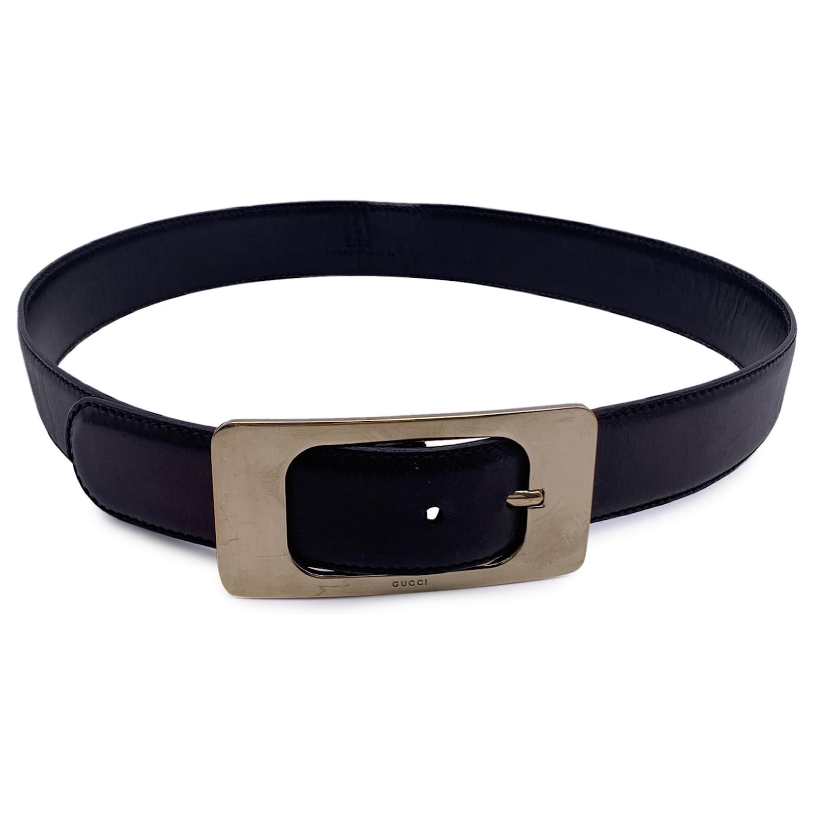 Gucci Black Leather Waist Belt Gold Metal Rectangle Buckle Size 85/34 ...