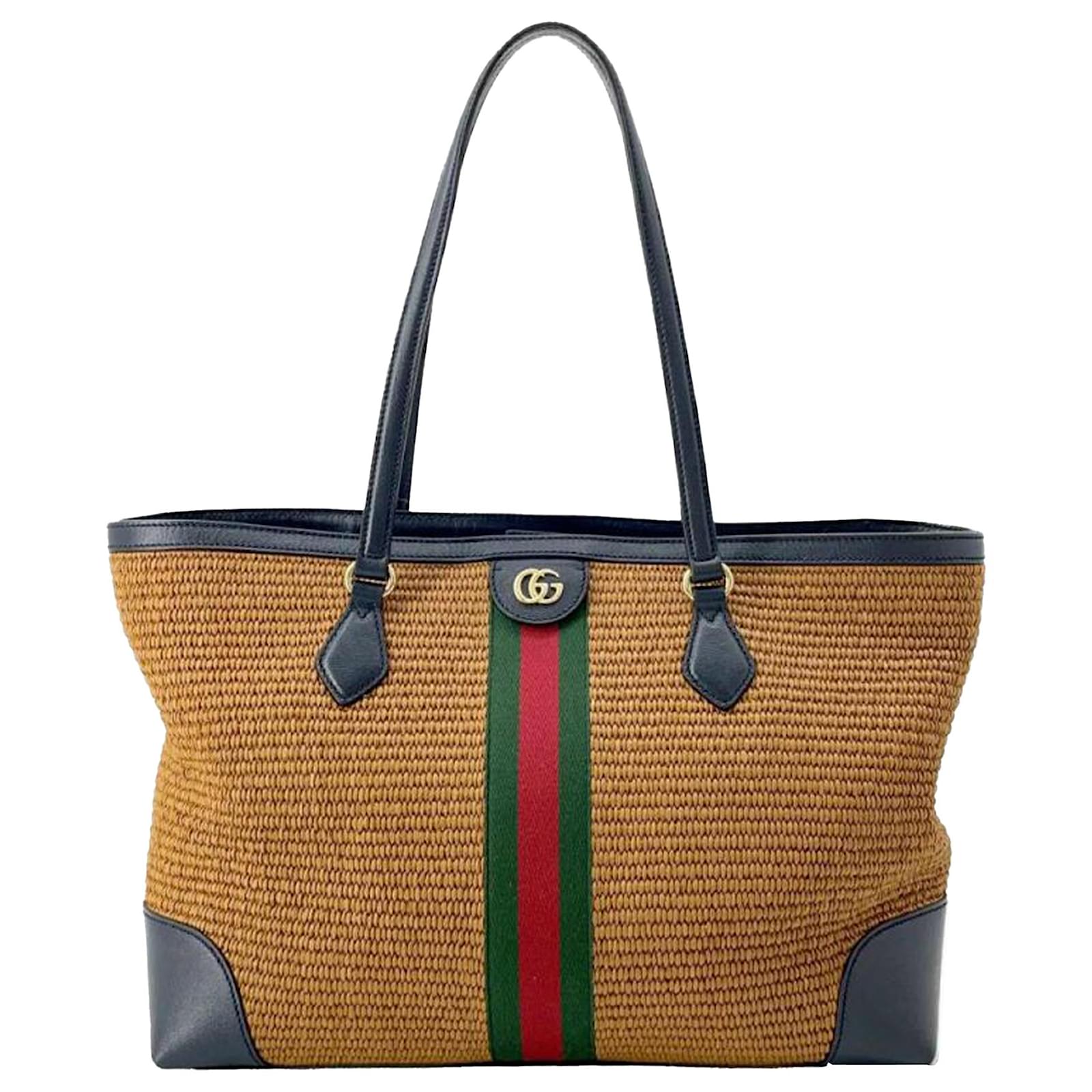 Gucci Brown Medium Raffia Ophidia Tote Bag Pony-style calfskin ref ...