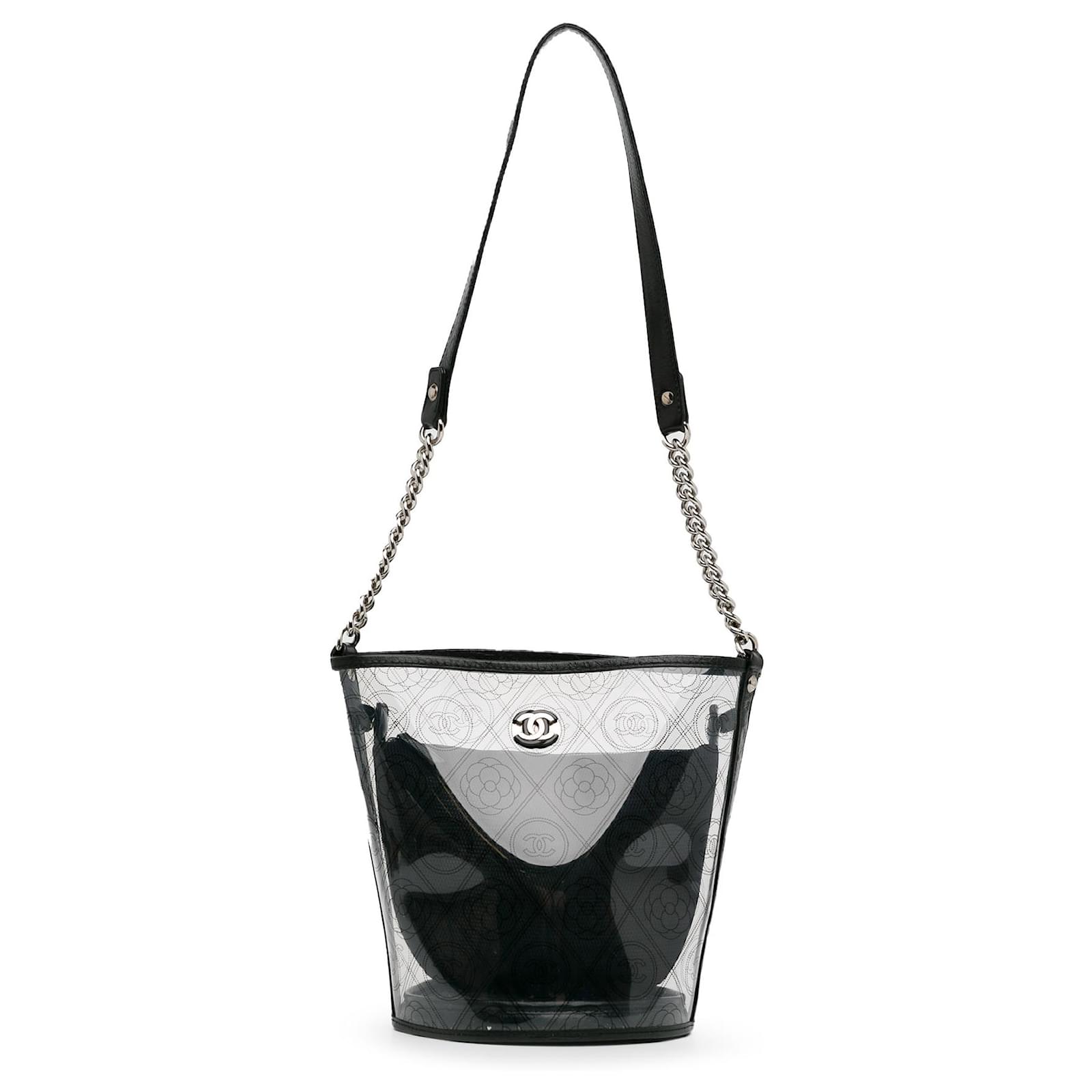 Chanel Black Crumpled Calfskin PVC Camellia Bucket Plastic ref.1405889 ...