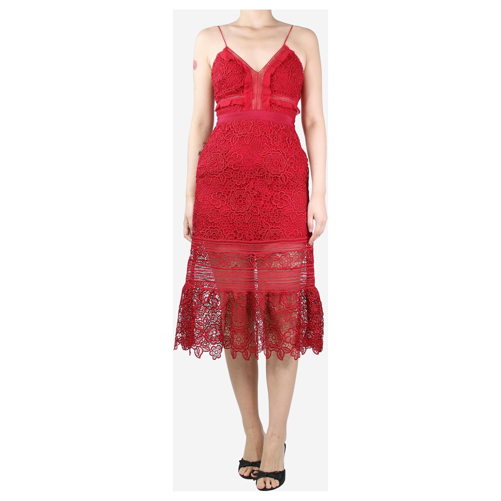 Self portrait Red sheer floral lace midi dress - size UK 8 Polyester ...