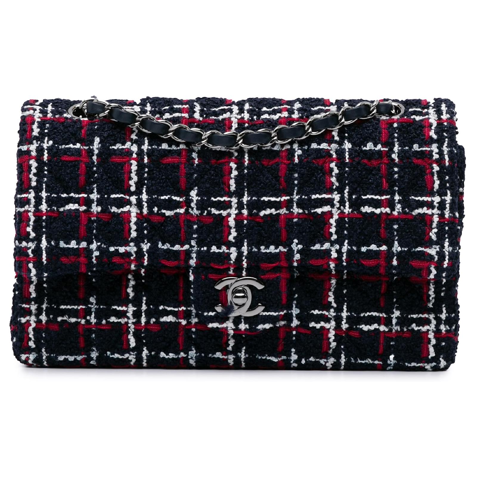 Chanel Blue Medium Classic Tweed Double Flap Navy blue Leather Cloth ...