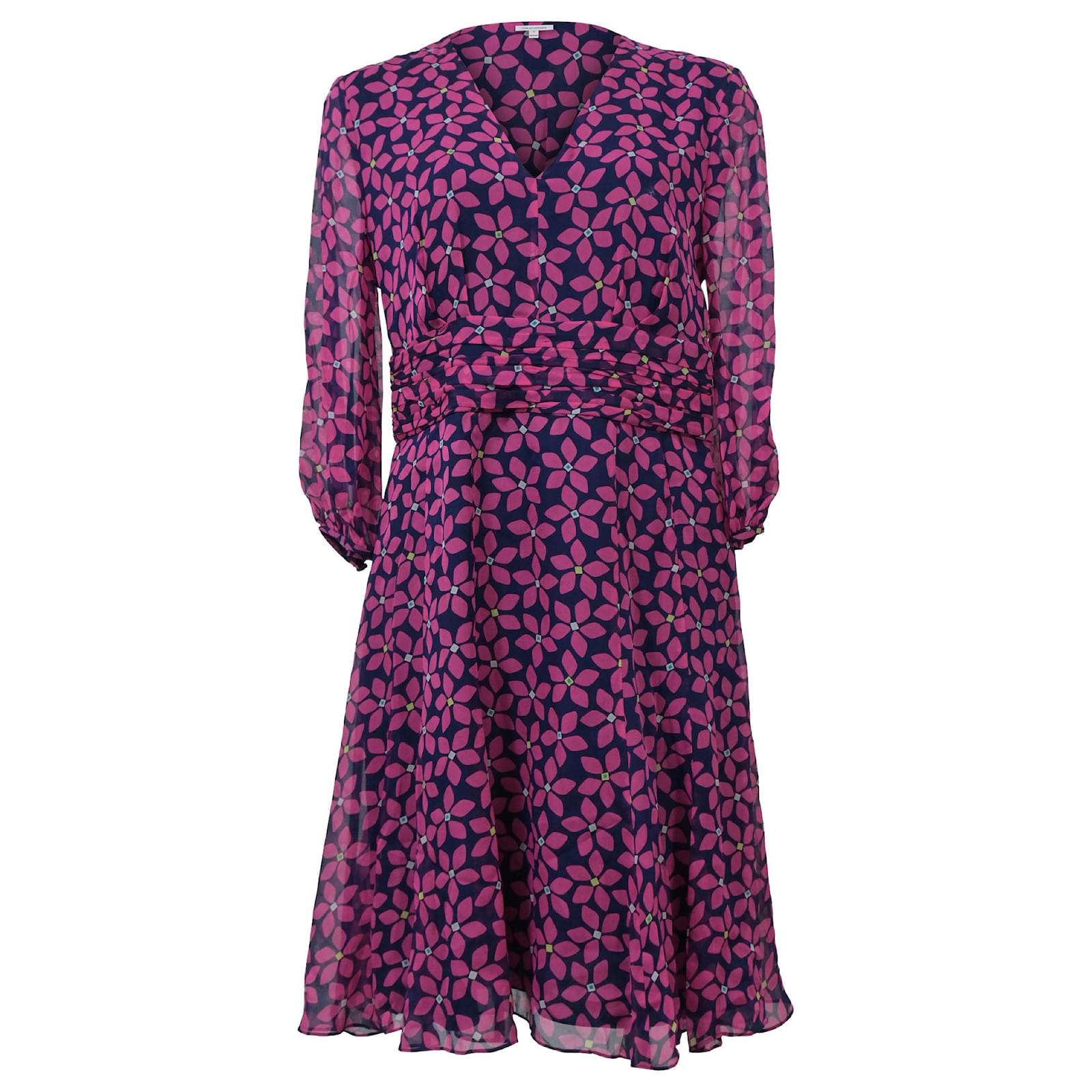 Diane Von Furstenberg Sheer Sleeve V-Neck Dress in Pink Floral Print ...
