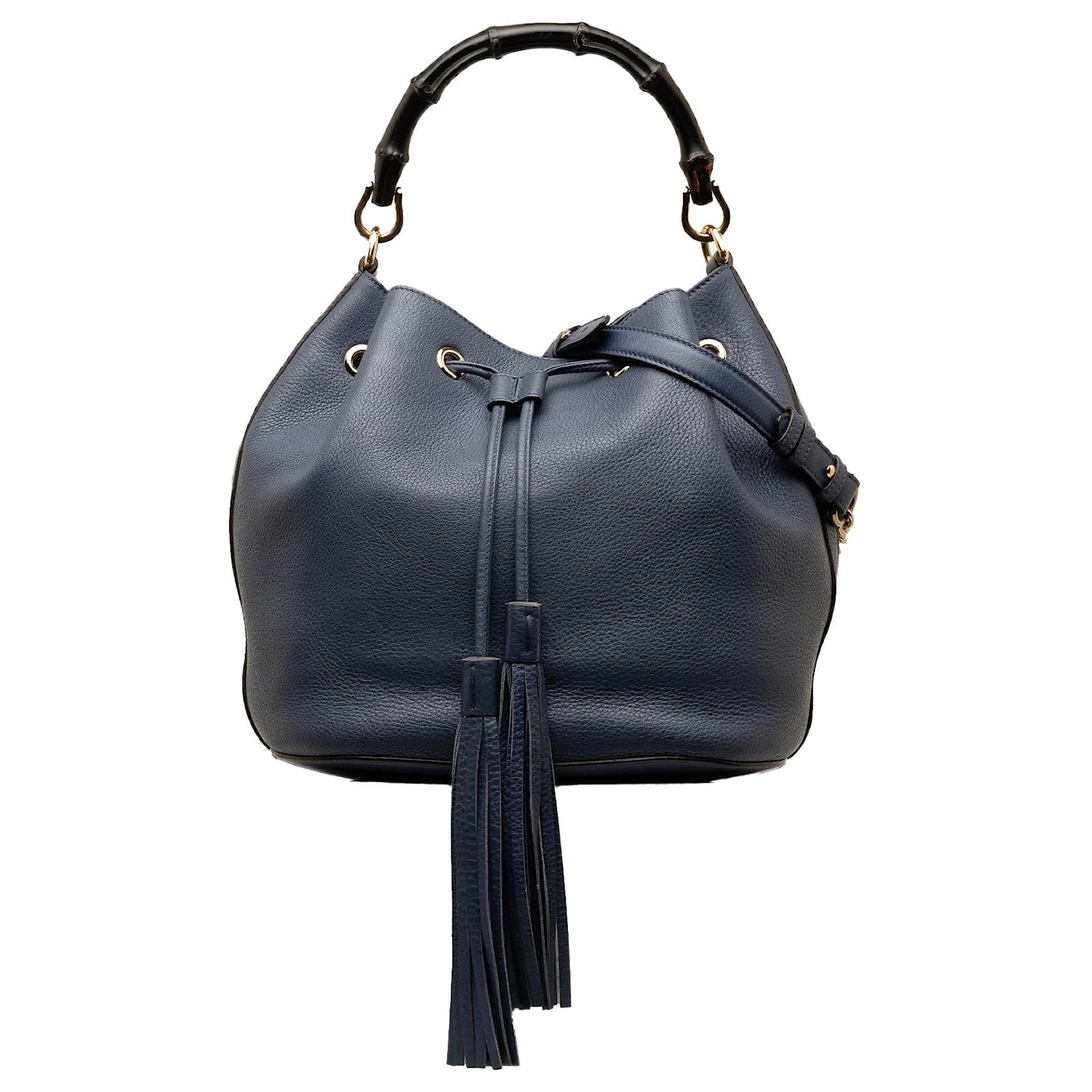 Gucci Blue Miss Bamboo Leather Bucket Bag Navy blue Pony-style calfskin ...