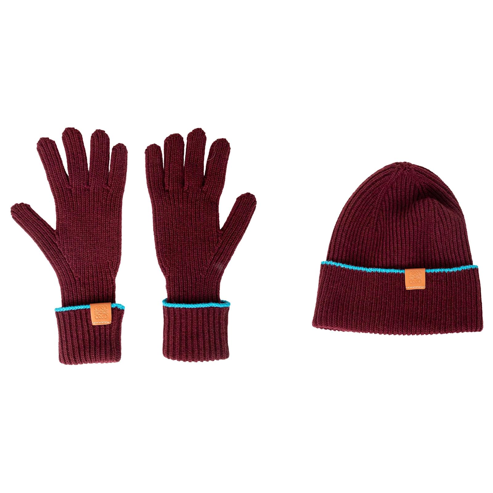Loewe Knitted Hat and Glove Set Dark red Wool ref.1421131 - Joli Closet
