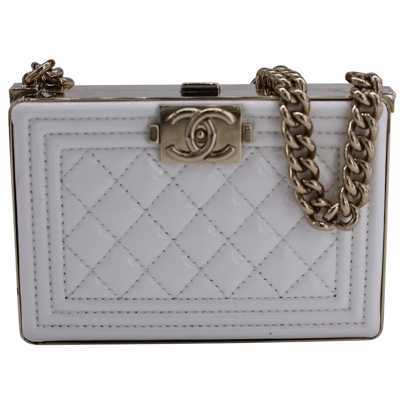 Chanel Quilted Boy Chain Box Minaudiere in White Patent Leather Cream ...