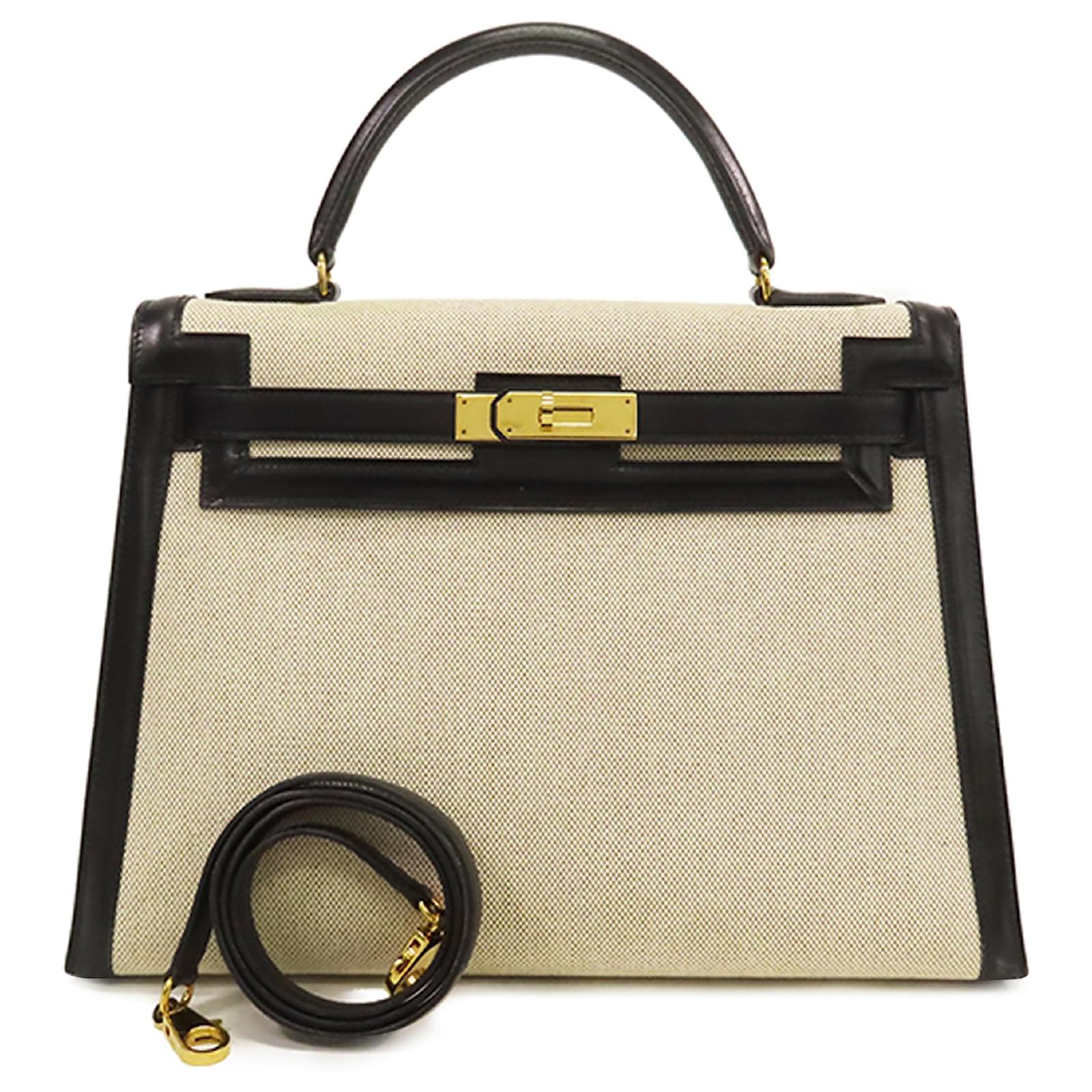Hermès Brown Box Calf and Toile H Kelly Sellier 32 Beige Cloth Cloth ...