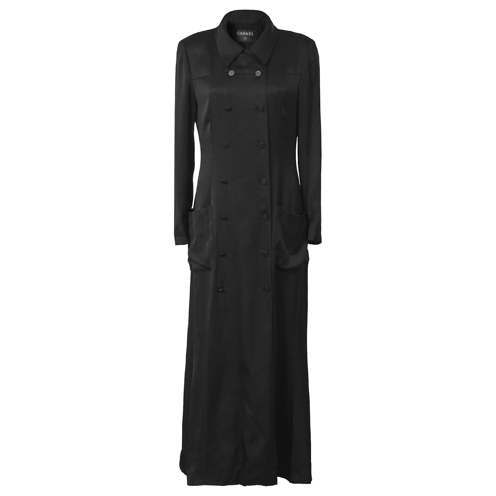 Chanel Double-Breasted Long Coat in Black Silk ref.1424329 - Joli Closet