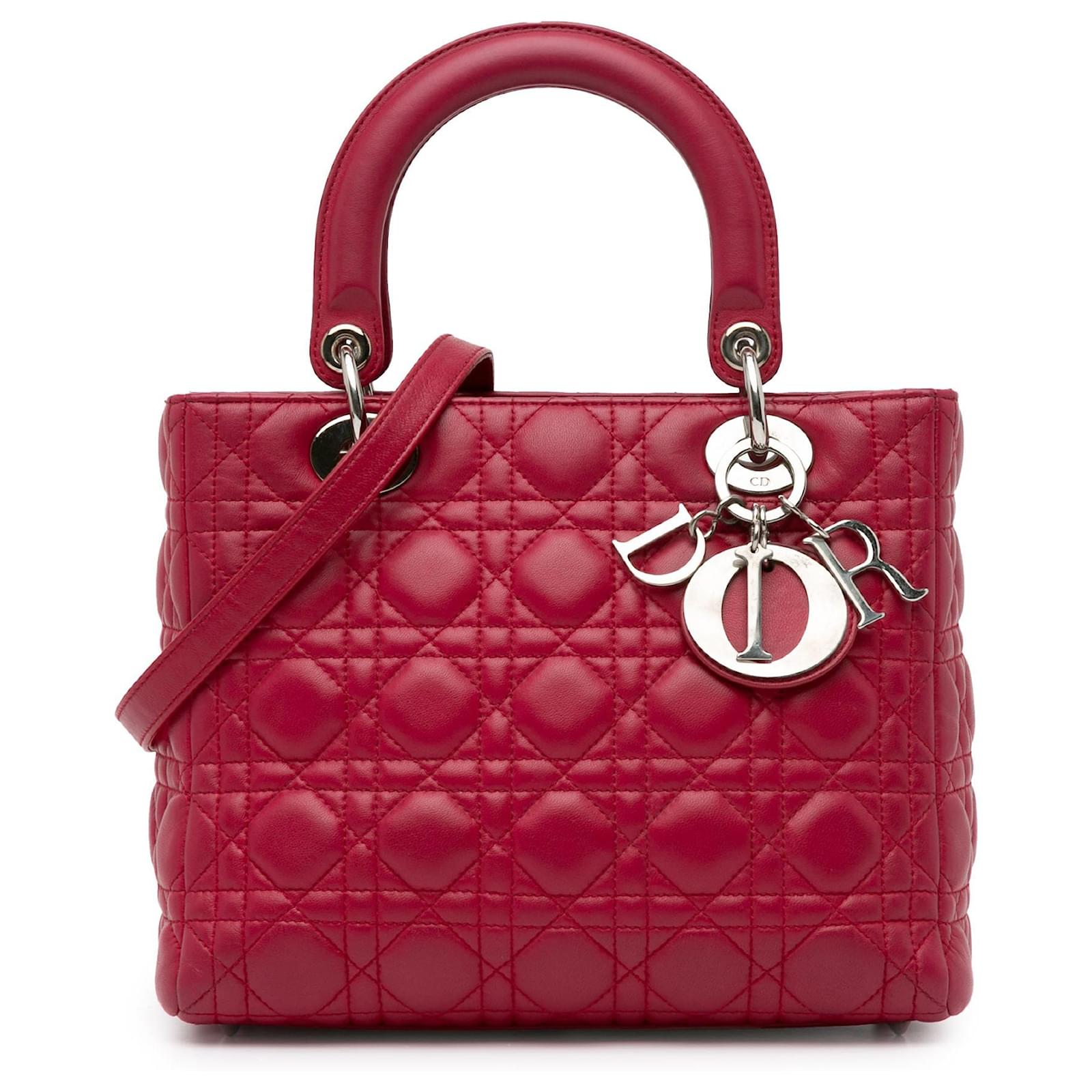 Red Dior Medium Lambskin Cannage Lady Dior Satchel Leather ref ...