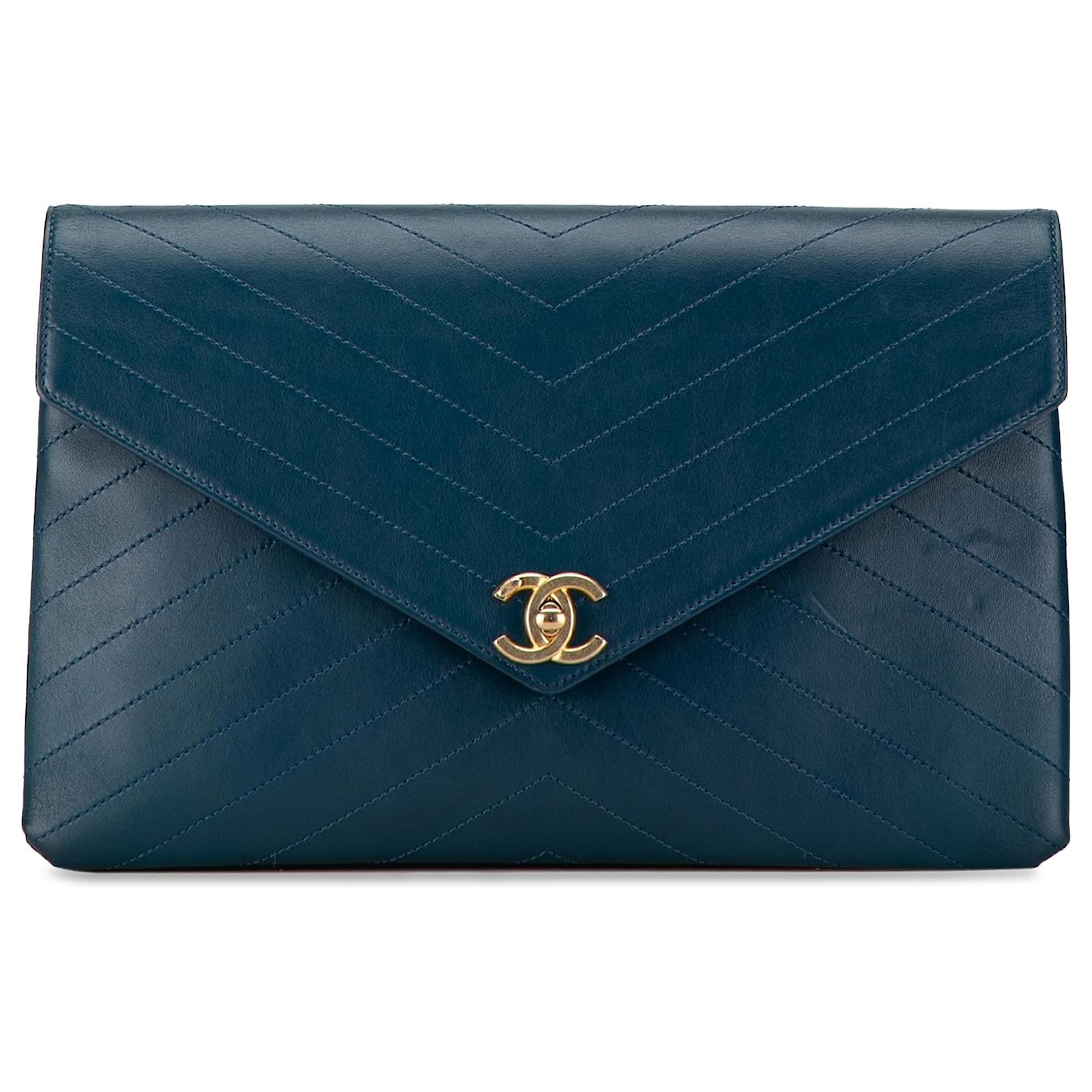 Chanel Blue CC Chevron Calfskin Envelope Clutch Navy blue Leather Pony ...