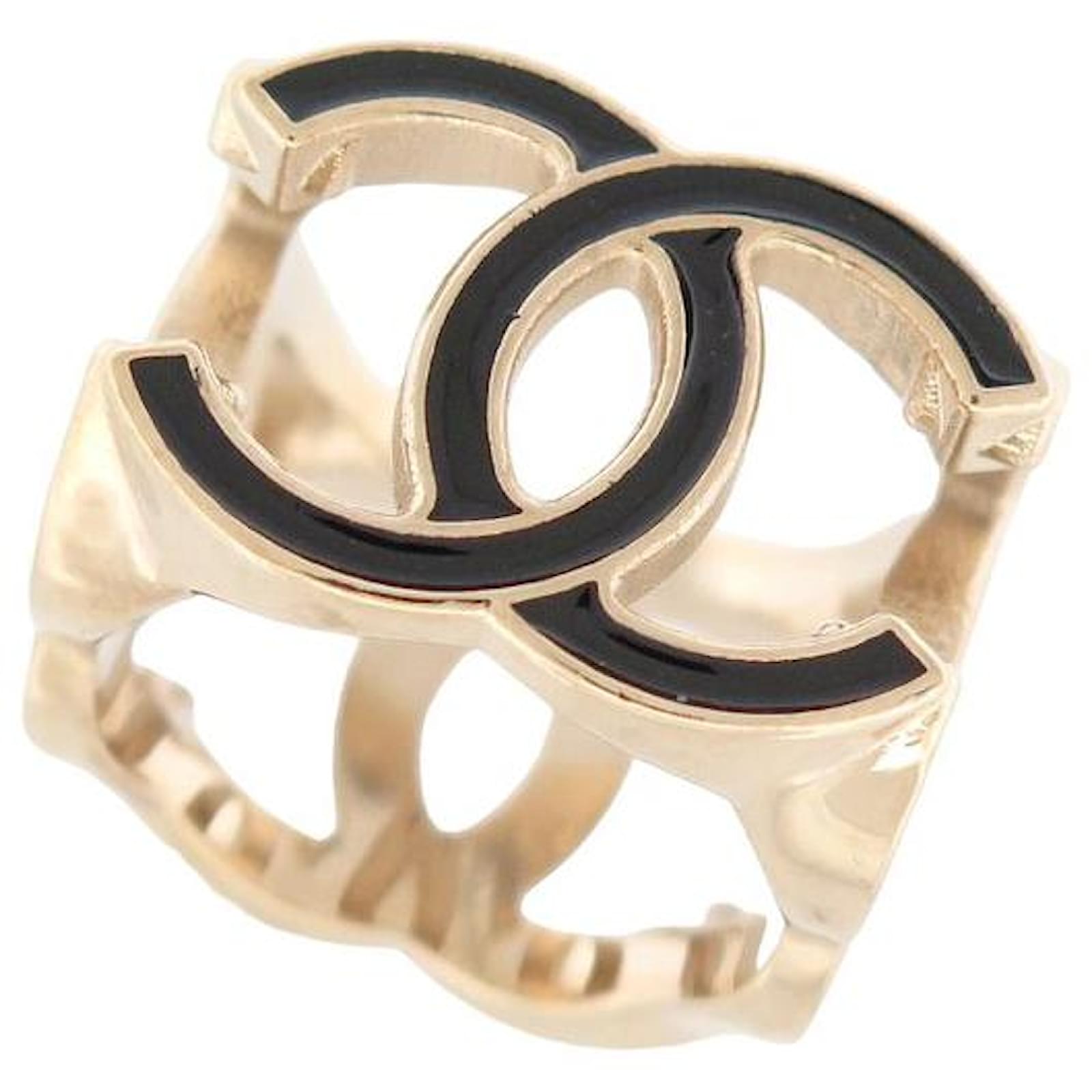 NEW CHANEL CUBE LOGO CC RING T54 IN GOLD METAL & BLACK LACQUER STEEL ...