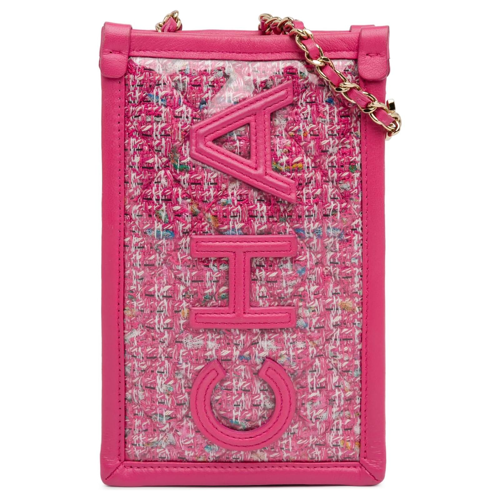 Chanel Pink Tweed and PVC Phone Clutch with Chain Plastic Cloth ref ...