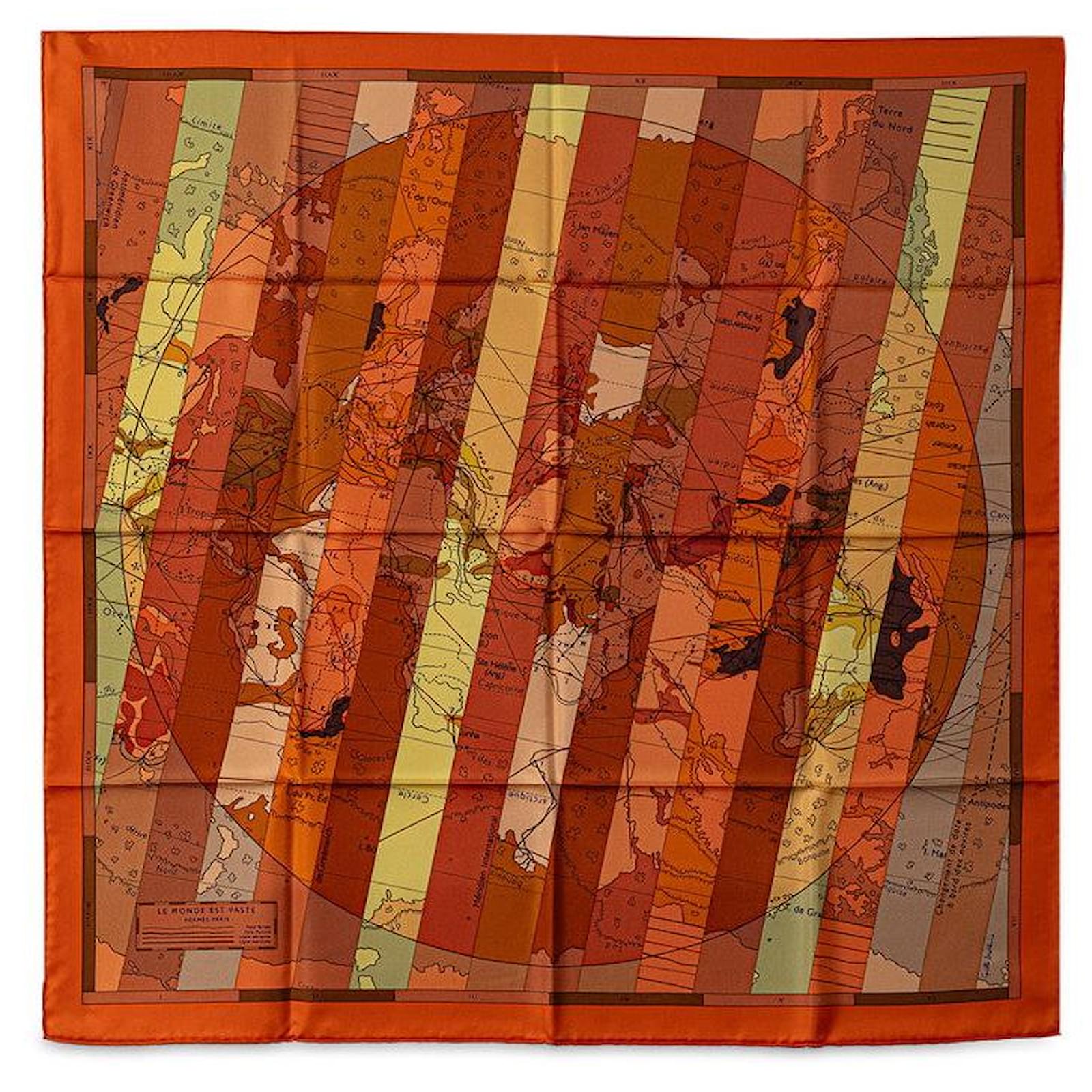 Hermès Hermes Silk Scarf LE MONDE EST VASTE Map Orange Cloth ref ...