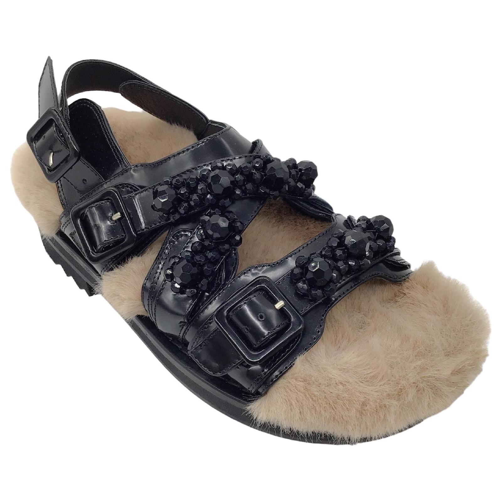 Simone Rocha Black / Nude Fur Trimmed Embellished Leather Sandals ref ...