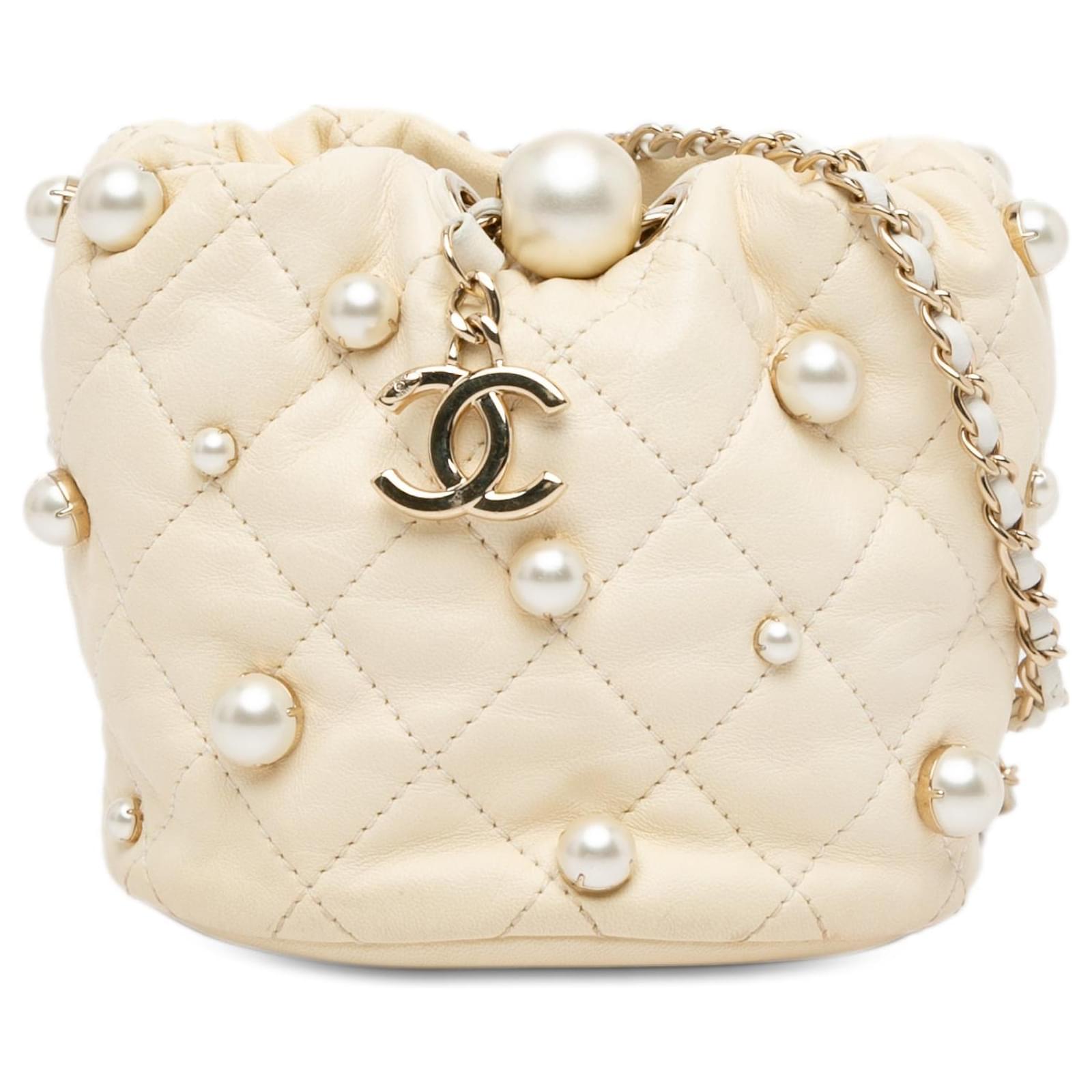 White Chanel Mini Quilted Lambskin About Pearls Drawstring Bucket Bag ...