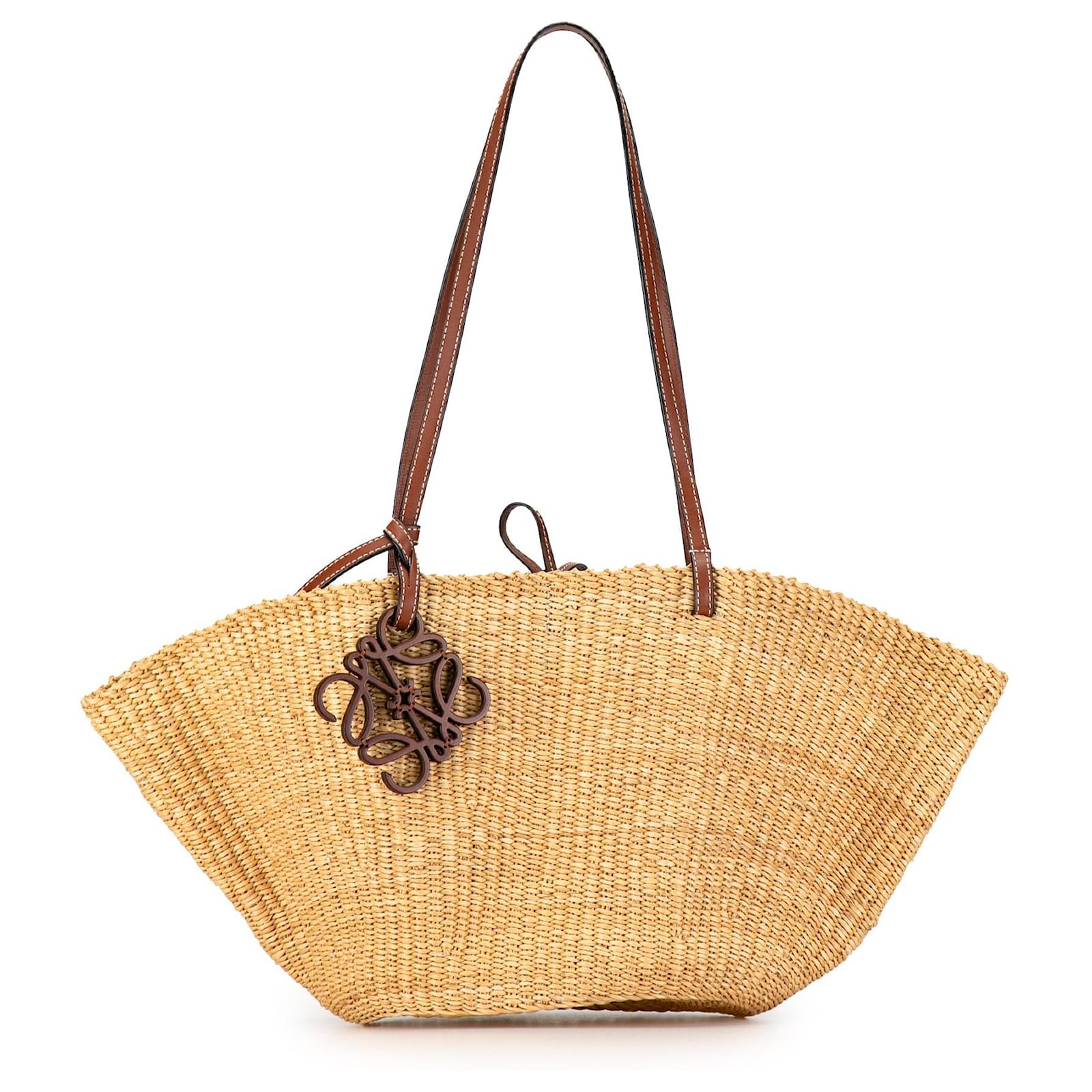 Tan LOEWE Small Raffia Shell Basket Tote Camel Leather ref.1443979 ...