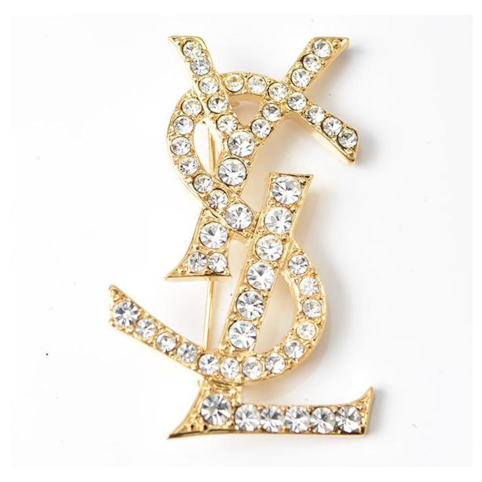 Yves Saint Laurent Saint Laurent YSL Logo Rhinestone Pin Brooch Gold ...