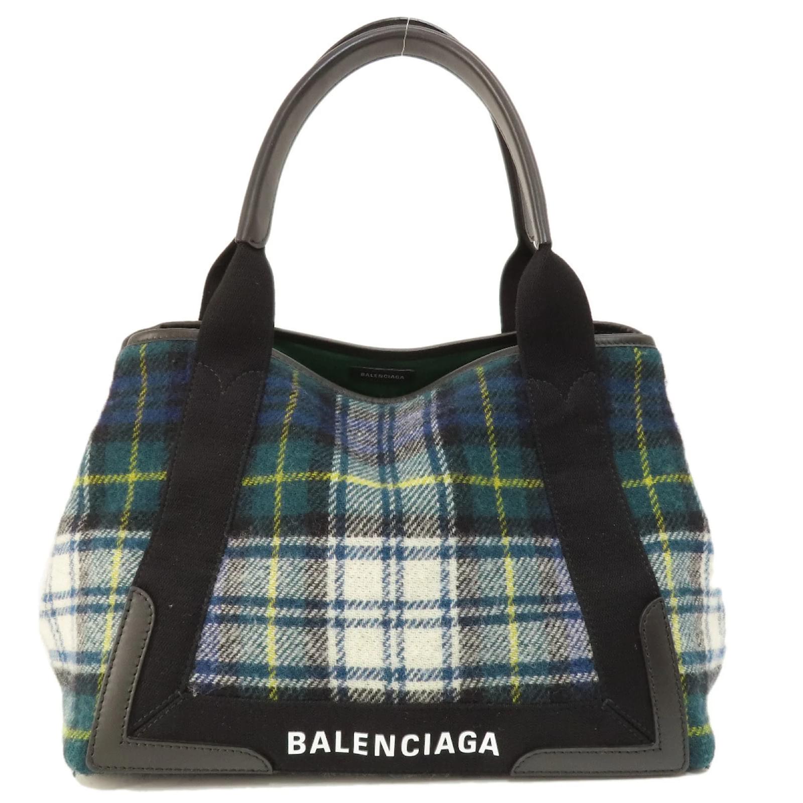 Balenciaga 339933 Navy Cabas Checkered Handbag Green Navy blue Wool ref ...