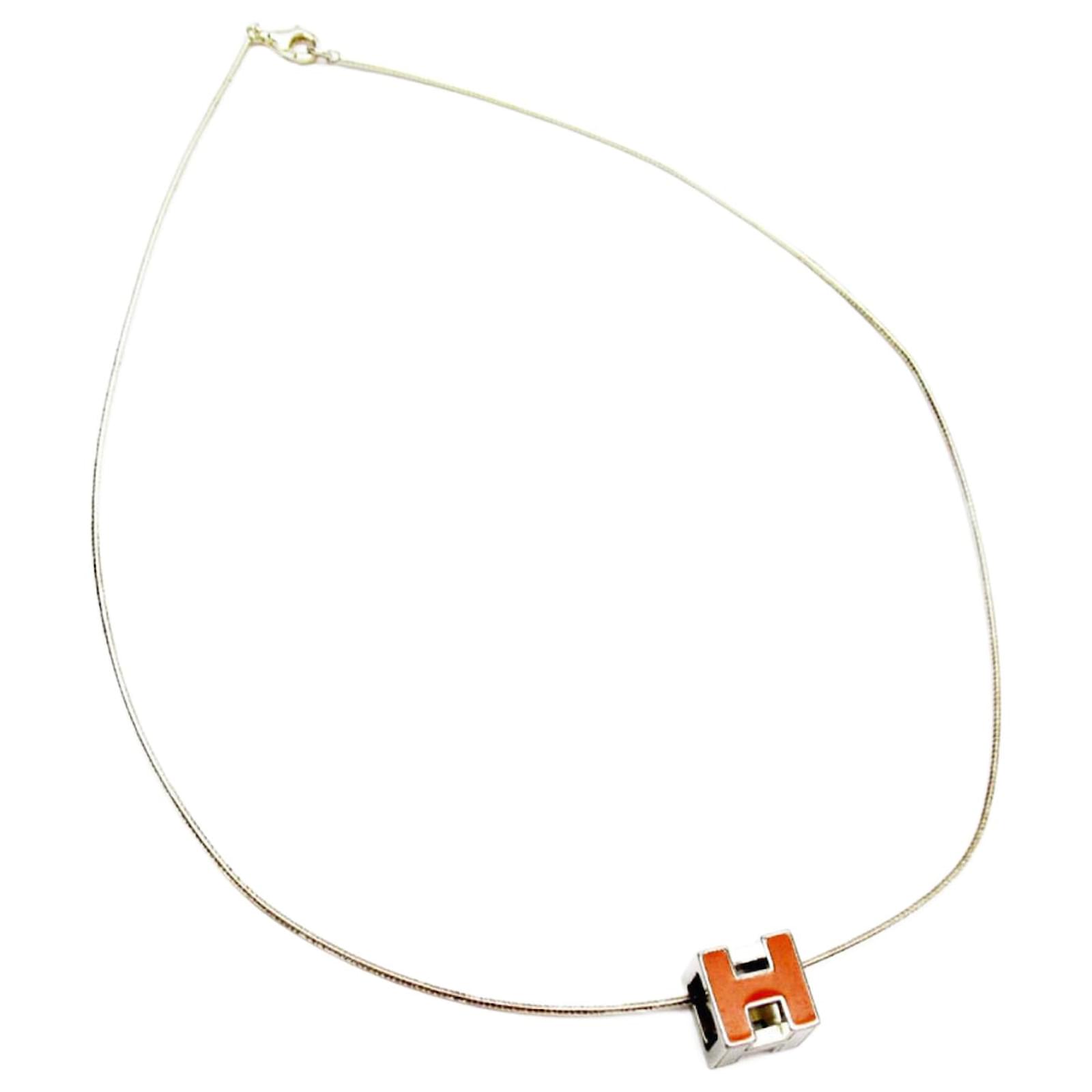 Hermes Hermes H Cube Cage d Ash Necklace Silvery Orange Metal Enamel ref.1503863 Joli Closet