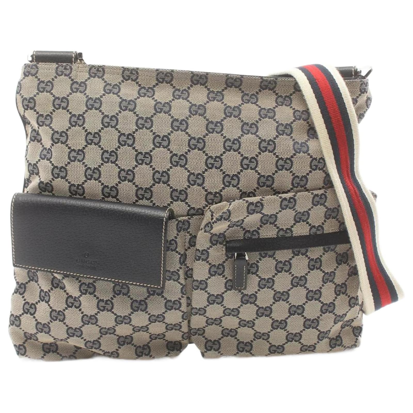 Gucci GG Canvas Sherry Line Shoulder Bag Cream Navy blue Leather Cloth ...