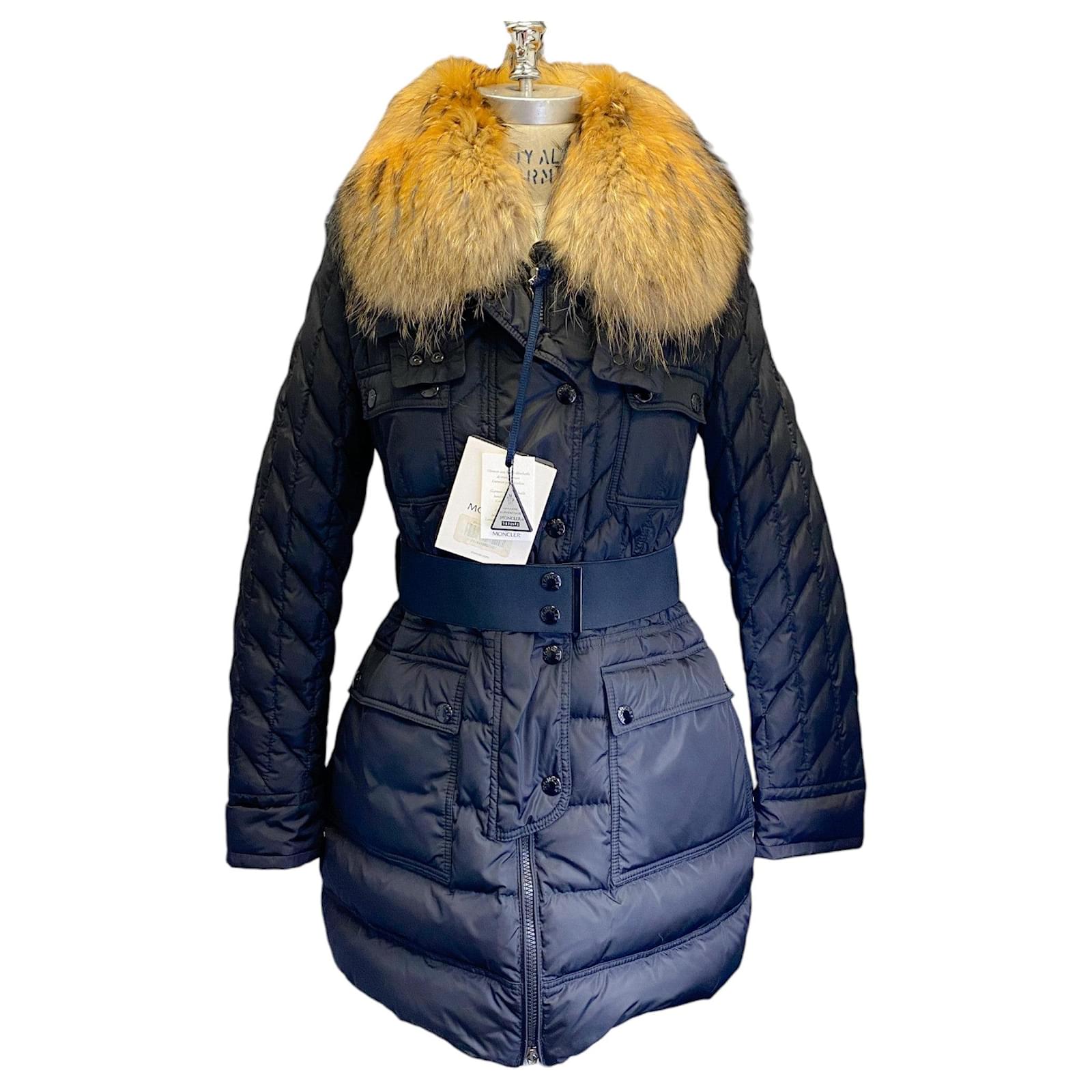 Moncler Black Down Belted Puffer Coat with Fur Collar Synthetic ref ...