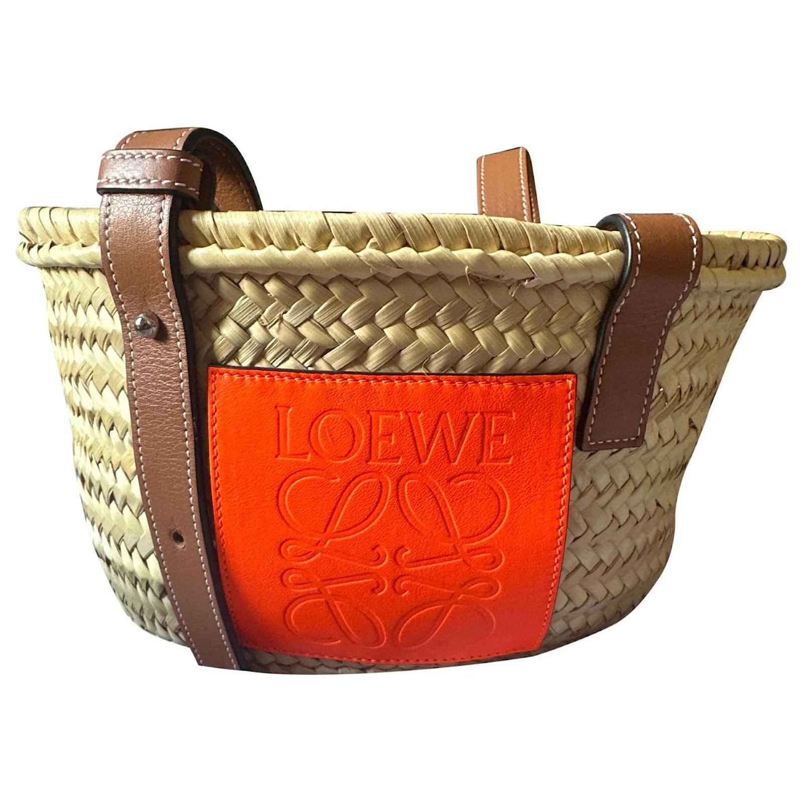 Loewe Small Basket Bag in Beige Raffia and Orange Calfskin Leather ...