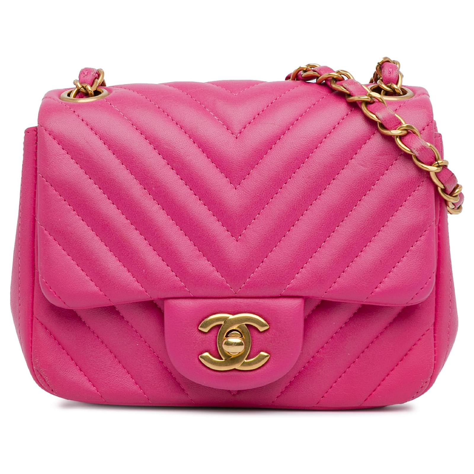 Chanel Pink Mini Square Classic Lambskin Chevron Flap Leather ref ...