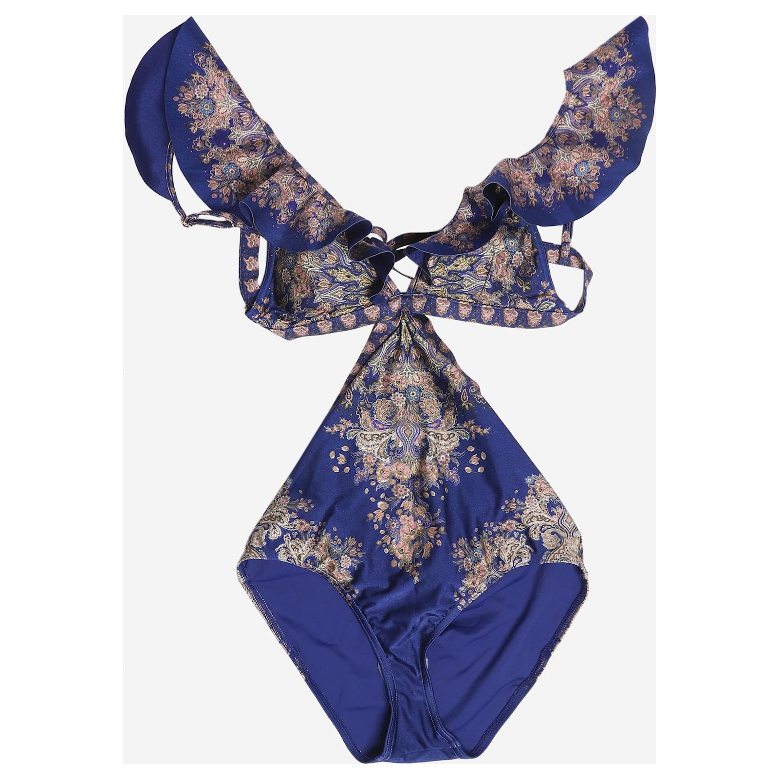 Zimmermann Indigo paisley ruffle one piece swimsuit - size UK 12 Blue ...