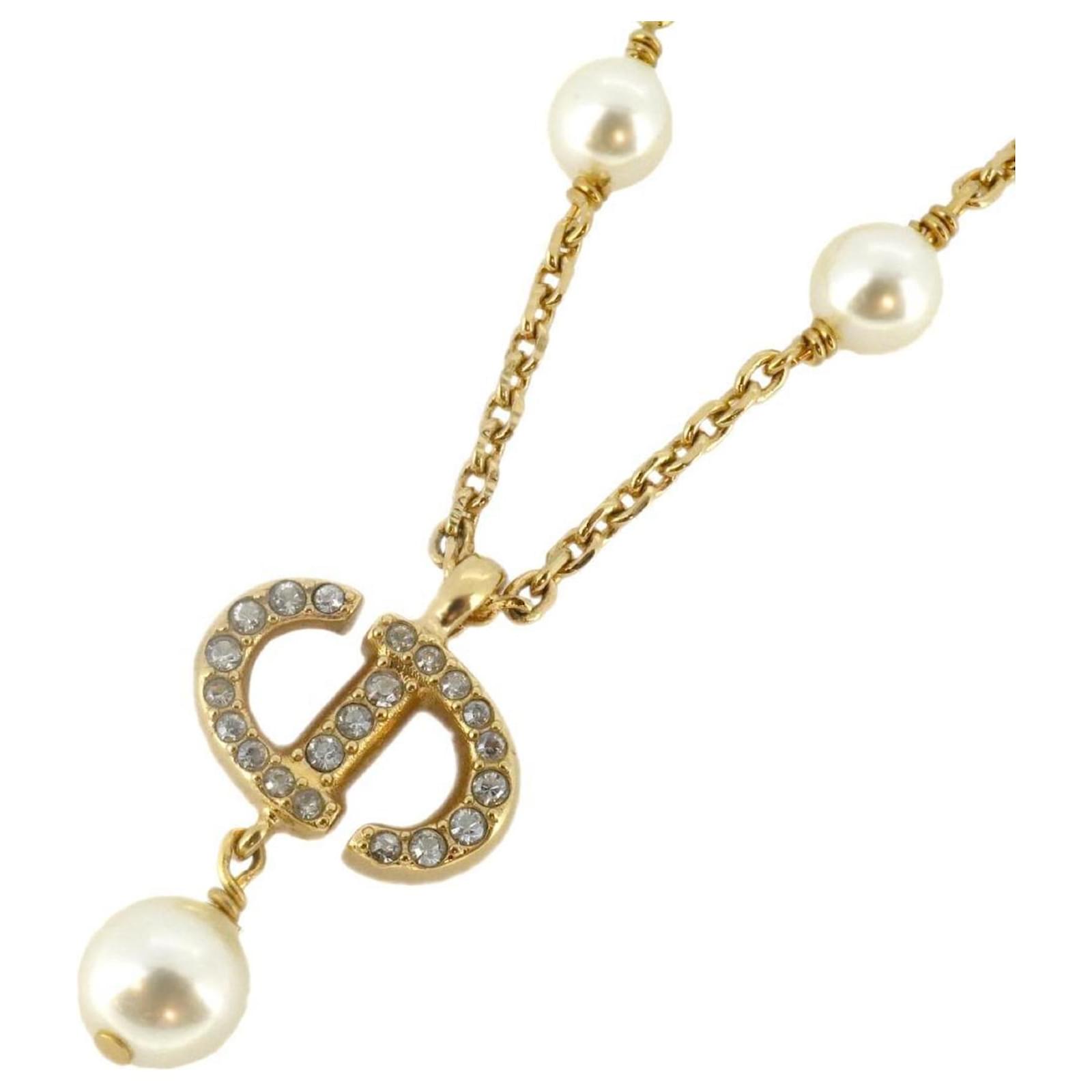 Christian Dior Gold Plated Necklace with Faux Pearl and Rhinestone Gold ...