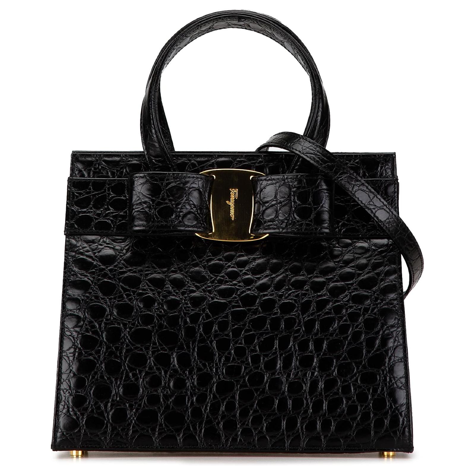 Salvatore Ferragamo Black Ferragamo Croc Embossed Vara Bow Satchel ...