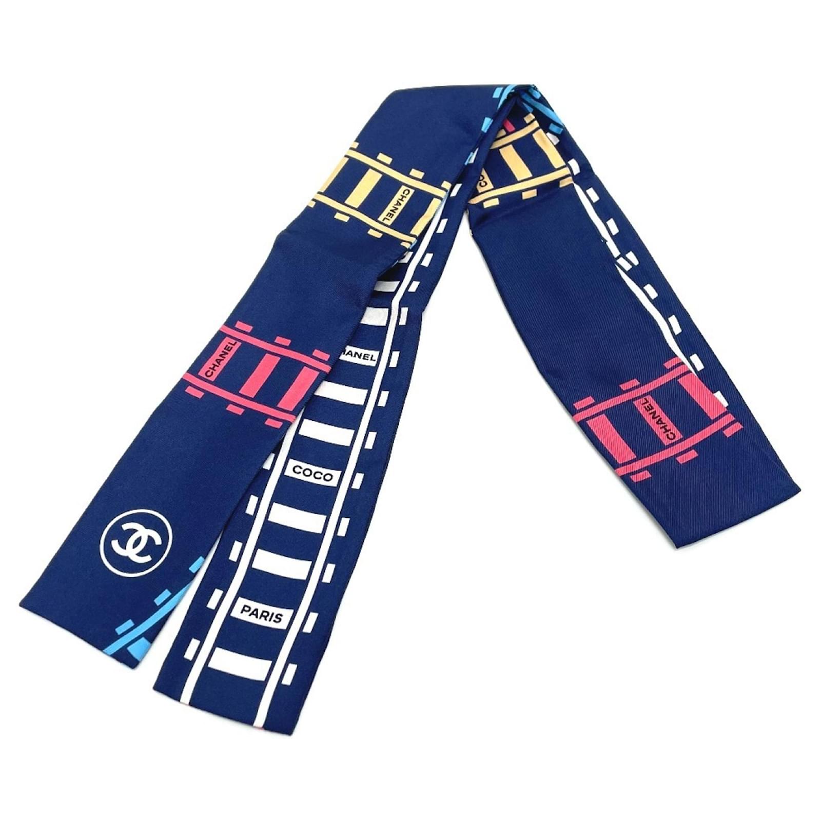 Chanel CC Coco Mark Railroad Motif Silk Twilly Scarf Blue ref.1551504 ...