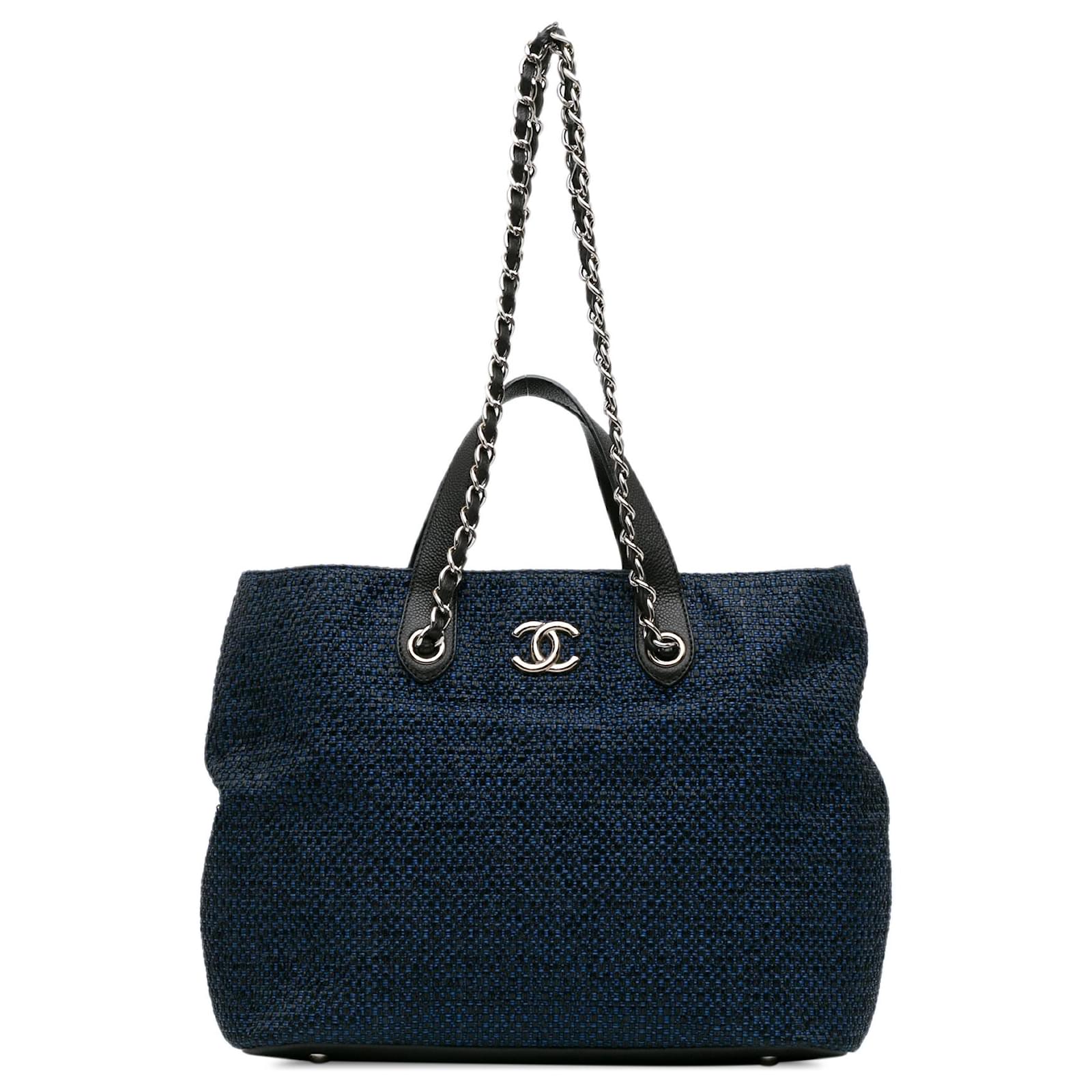 Chanel Blue CC Straw and Caviar Drawstring Shopping Tote Navy blue ref ...