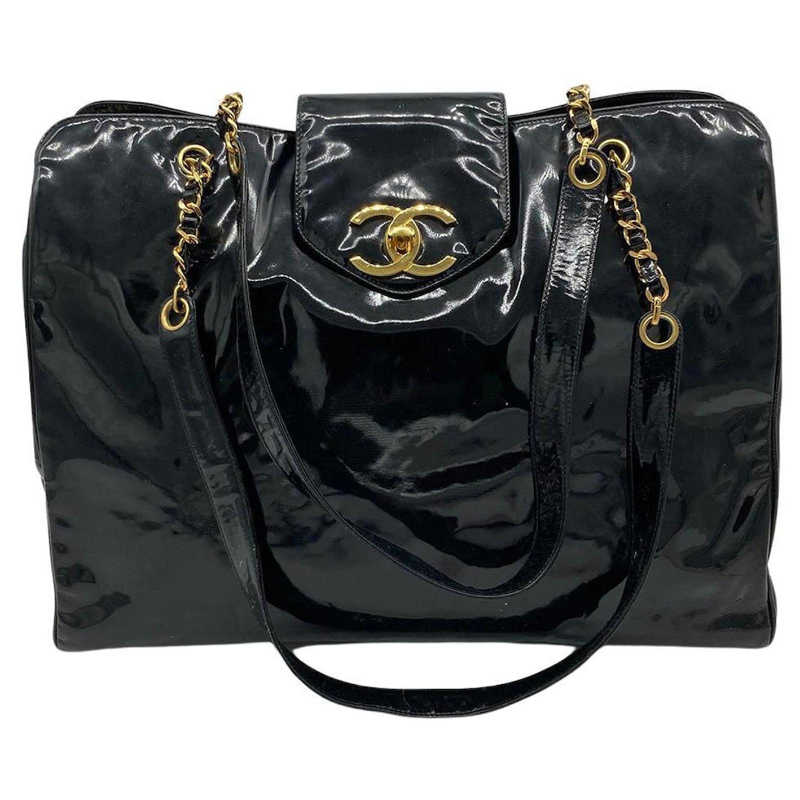Timeless Chanel Vintage Black Patent XL Weekender Super Model Tote ...