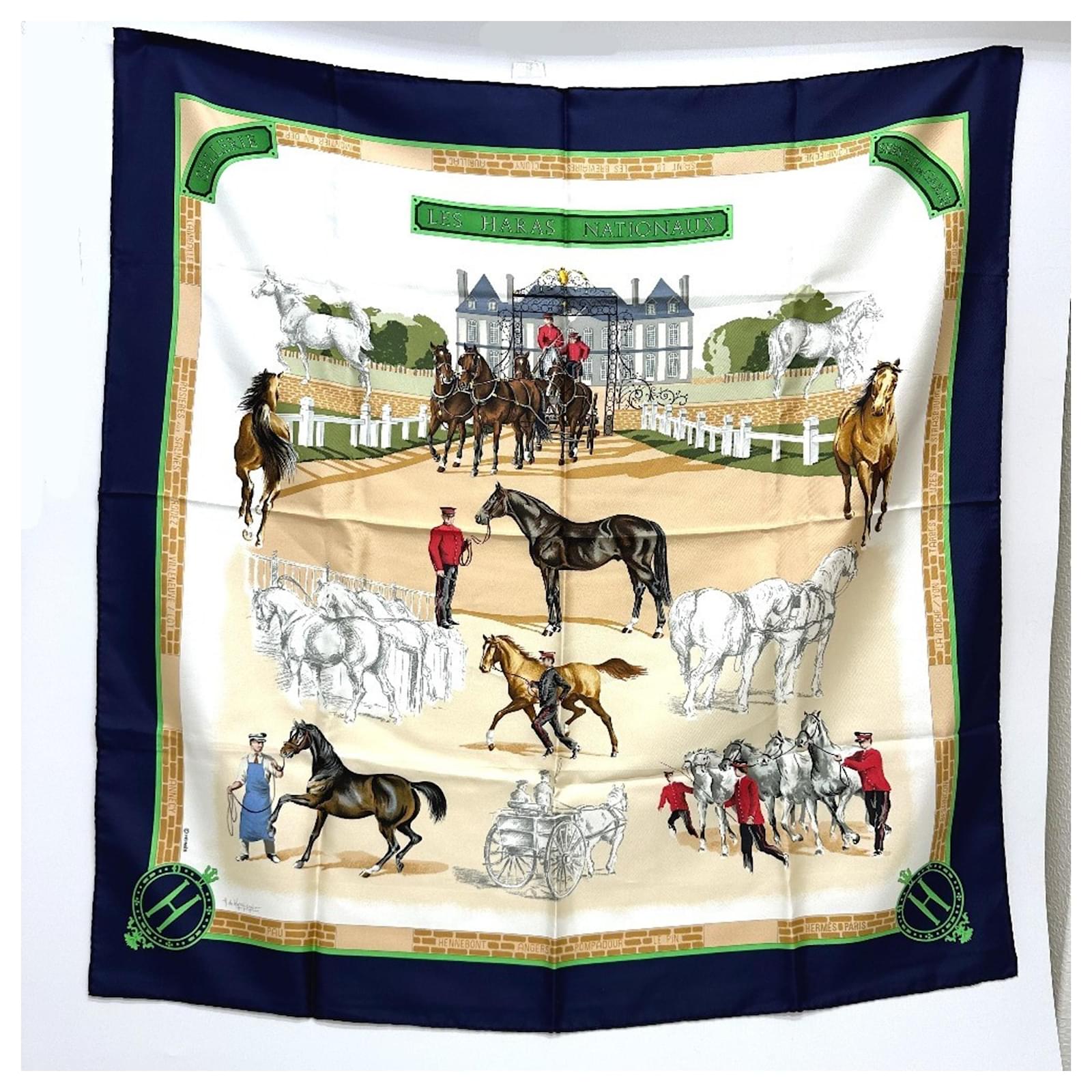 Hermès Hermes National Stallion Breeding Ground Scarf Navy blue Cloth ...